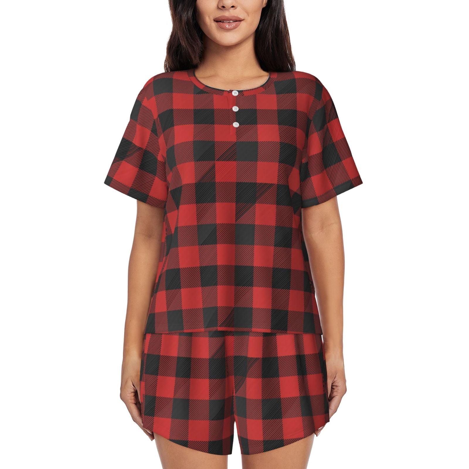 Ratiio Red Black Plaid Print Womens Pajama Sets 2 Piece Soft Short ...