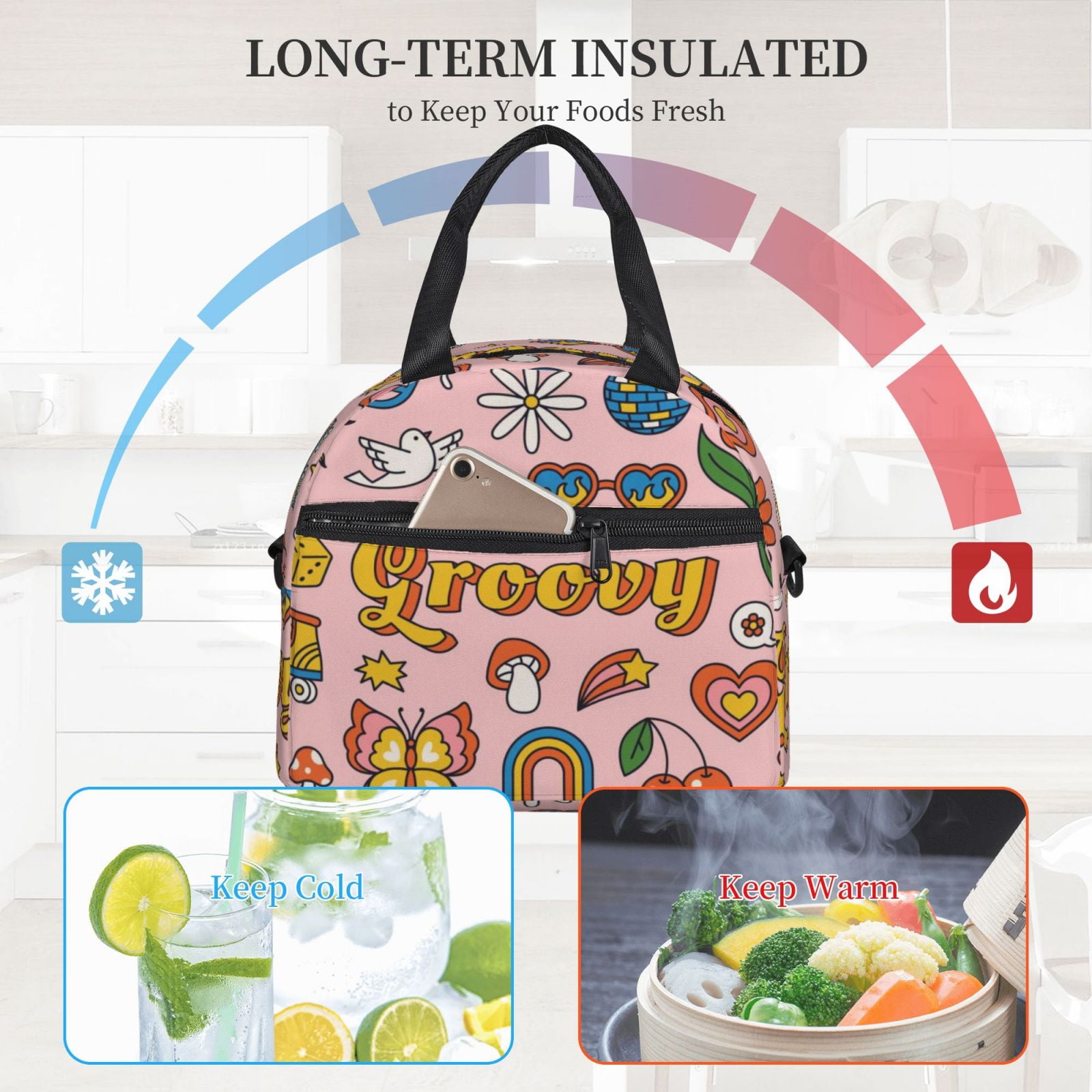 Ratiio Retro 70s Hippie Pattern Lunch Bag ,Insulated Lunch Box, Small ...