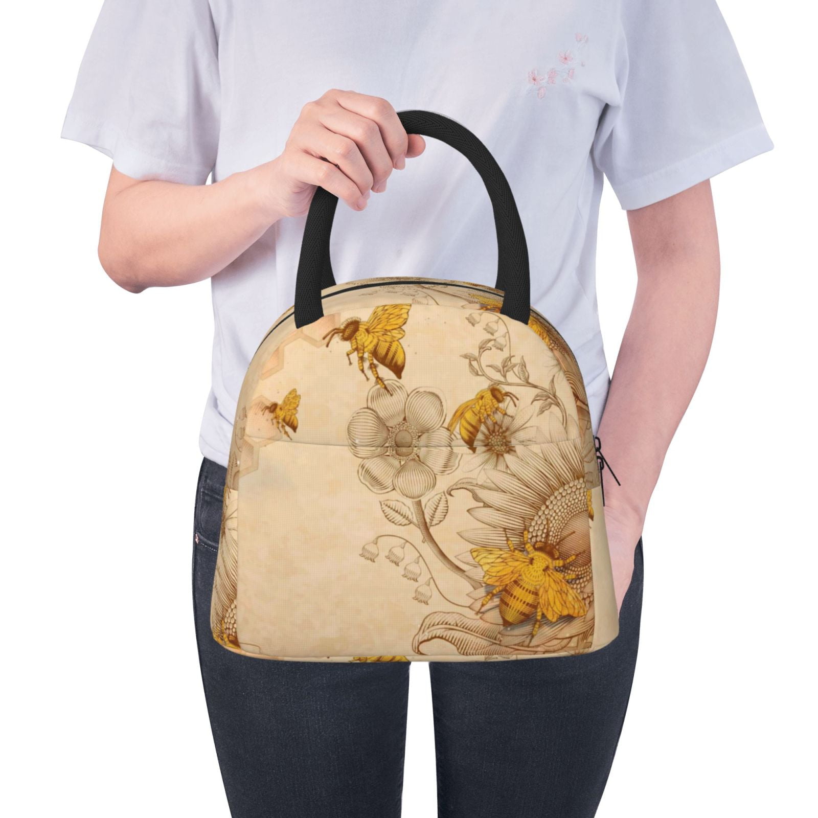 Ratiio Retro Honey Bees Print Insulated Lunch Bag Women Reusable Lunch ...