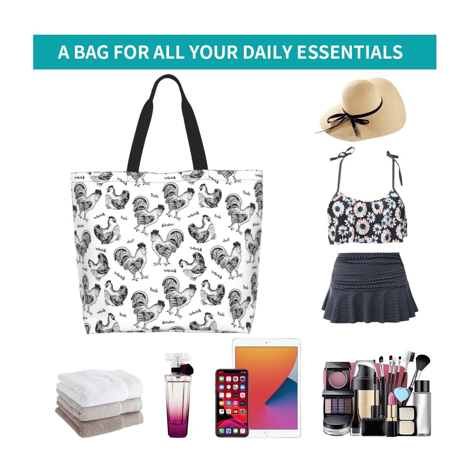 Ratiio Retro Rooster Print Reusable Grocery Bags - Washable, Foldable ...