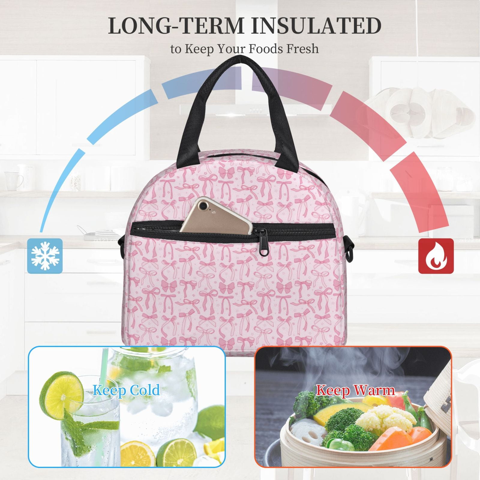 Ratiio Ribbon Bow Pattern Lunch Bag ,Insulated Lunch Box, Small ...