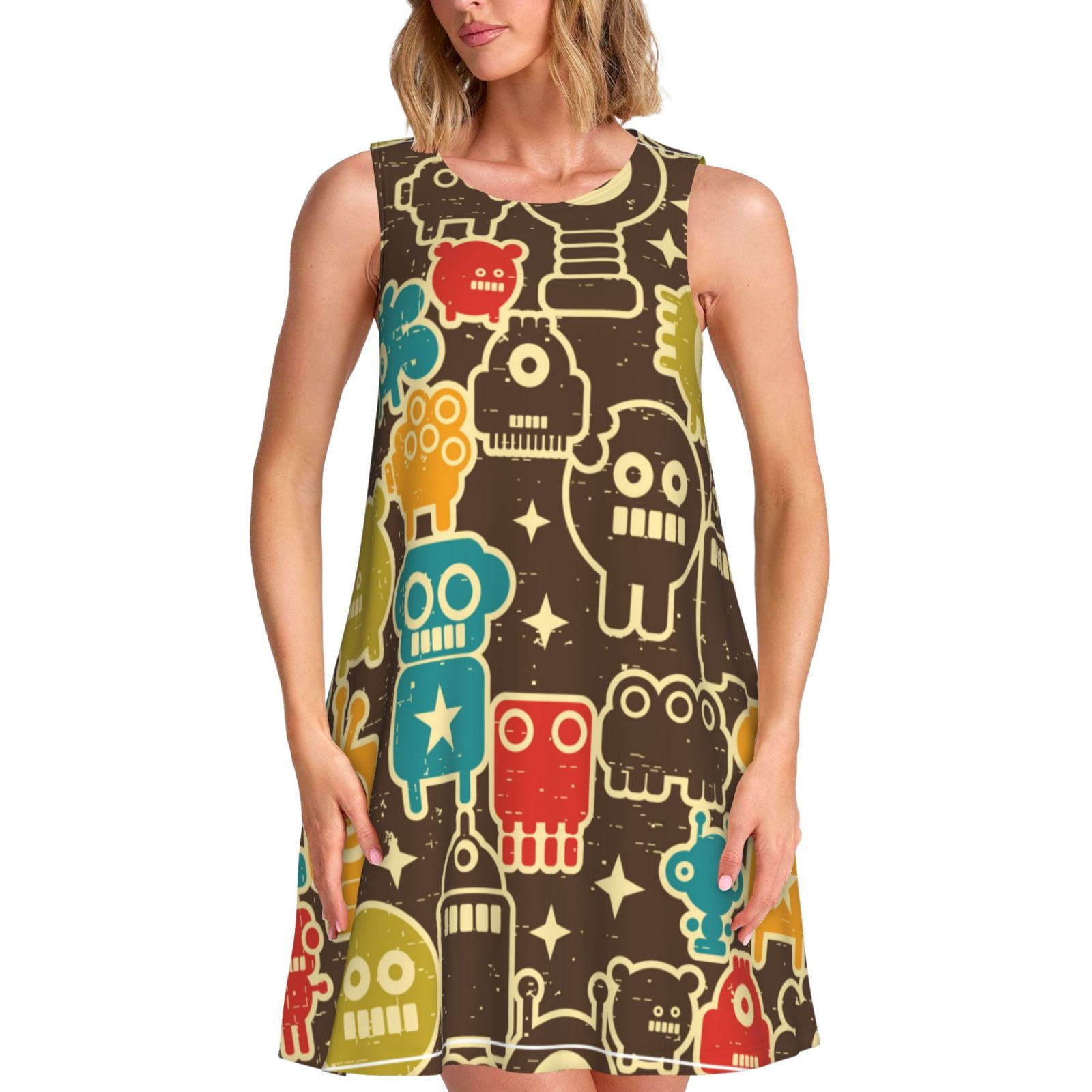 Ratiio Robot and Monsters Pattern Women's Sleeveless Dress - Casual ...