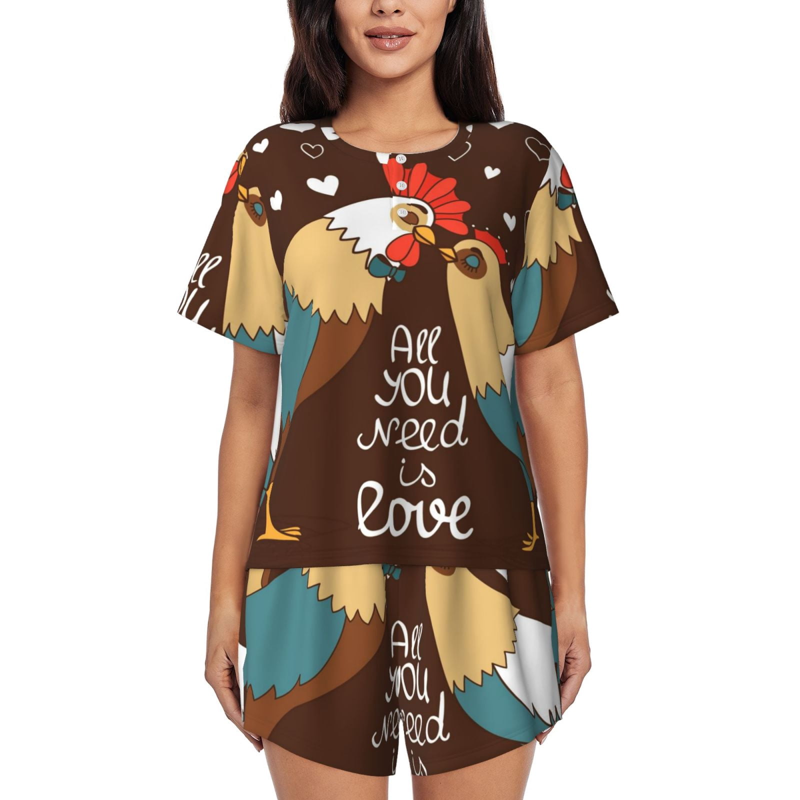 Ratiio Rooster And Chicken Print Womens Pajama Sets 2 Piece Soft Short ...