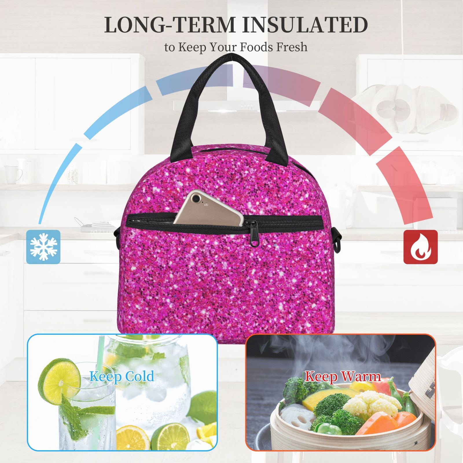 Ratiio Rose Red Glitter Pattern Lunch Bag ,Insulated Lunch Box, Small ...