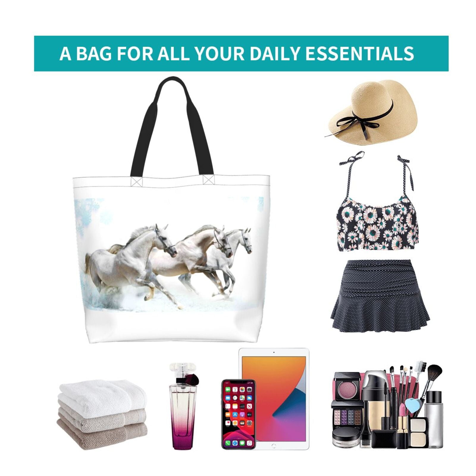 Ratiio Running White Horses Print Reusable Grocery Bags - Washable ...