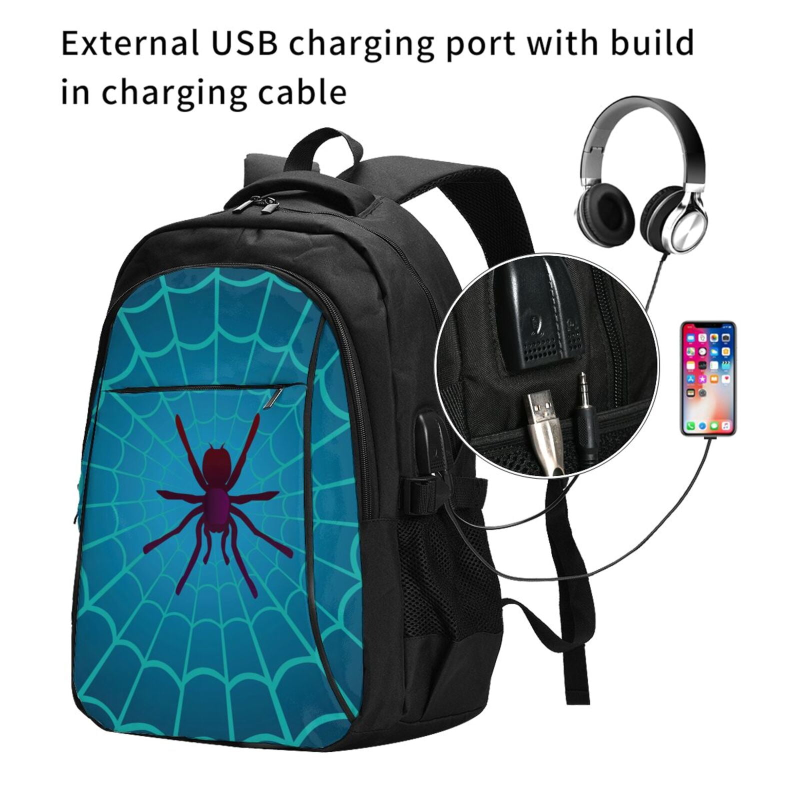 Ratiio Spider And Cobweb Print Travel Laptop Backpack,Slim Sturdy Laptops Backpack with USB ...