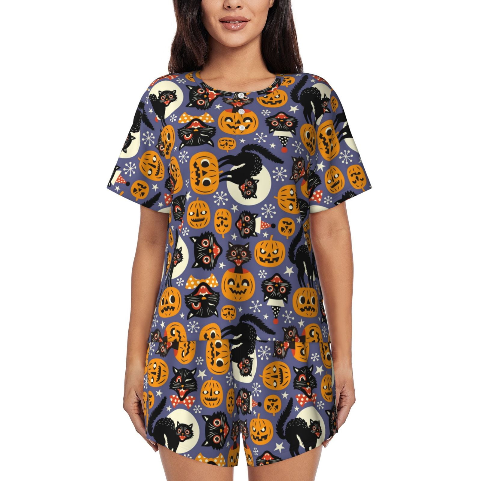 Ratiio Spooky Cats And Halloween Pumpkins Print Womens Pajama Sets 2 ...