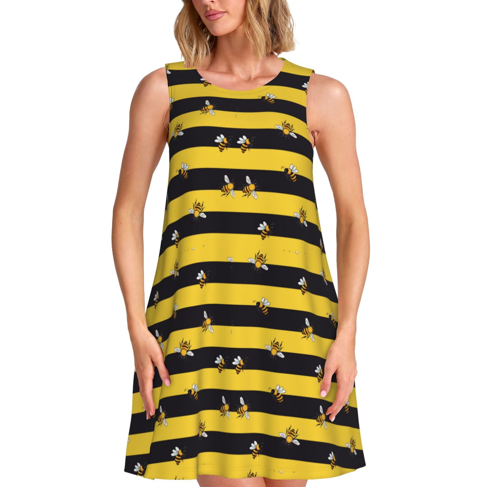 Ratiio Striped With Bees Pattern Women's Sleeveless Dress - Casual ...