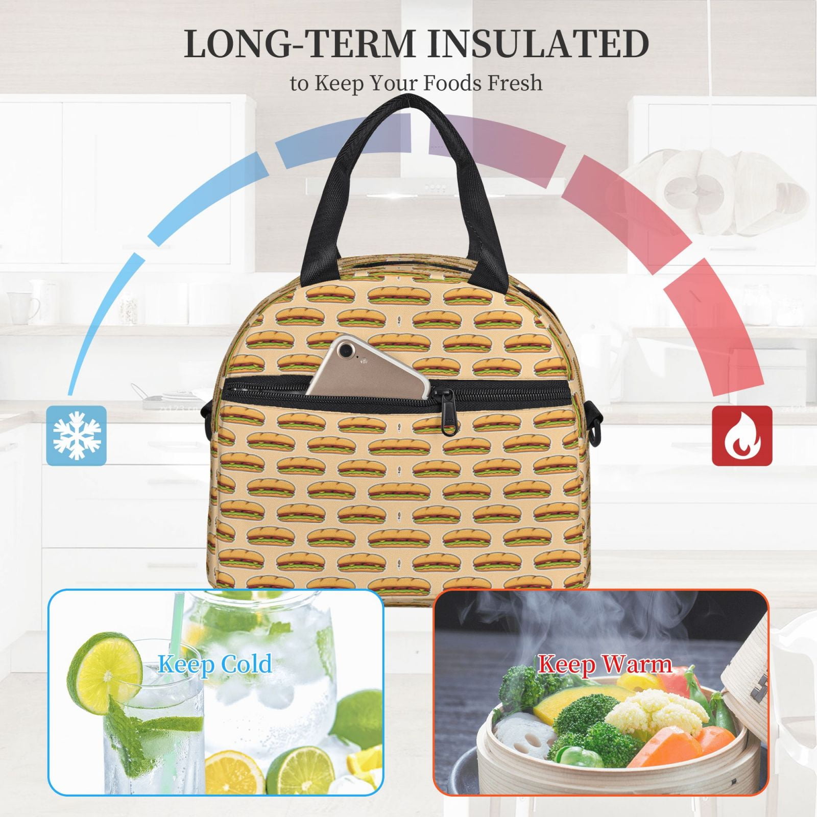 Ratiio Submarine Sub Sandwich Pattern Lunch Bag ,Insulated Lunch Box ...