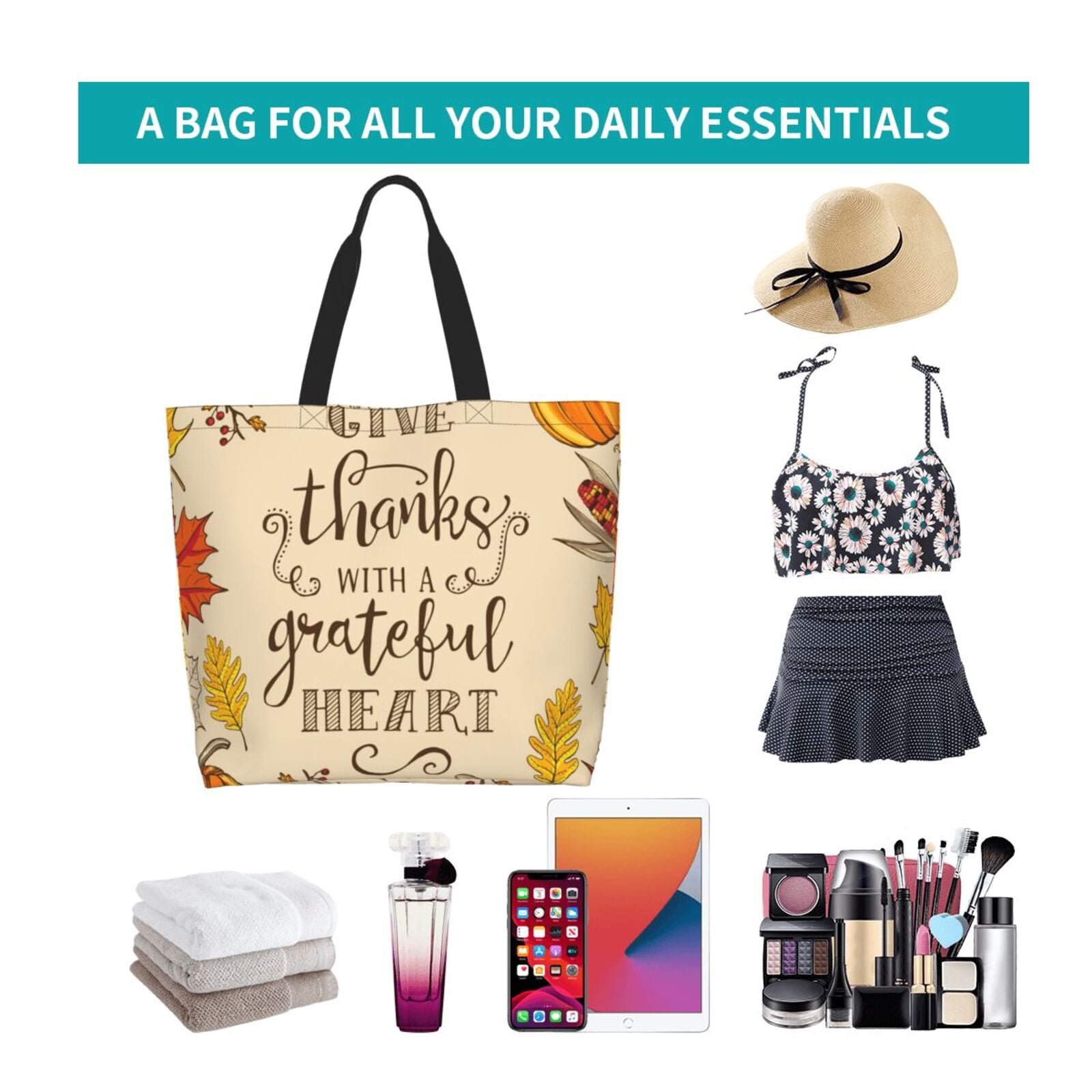Ratiio Thanksgiving With A Grateful Heart Print Reusable Grocery Bags ...