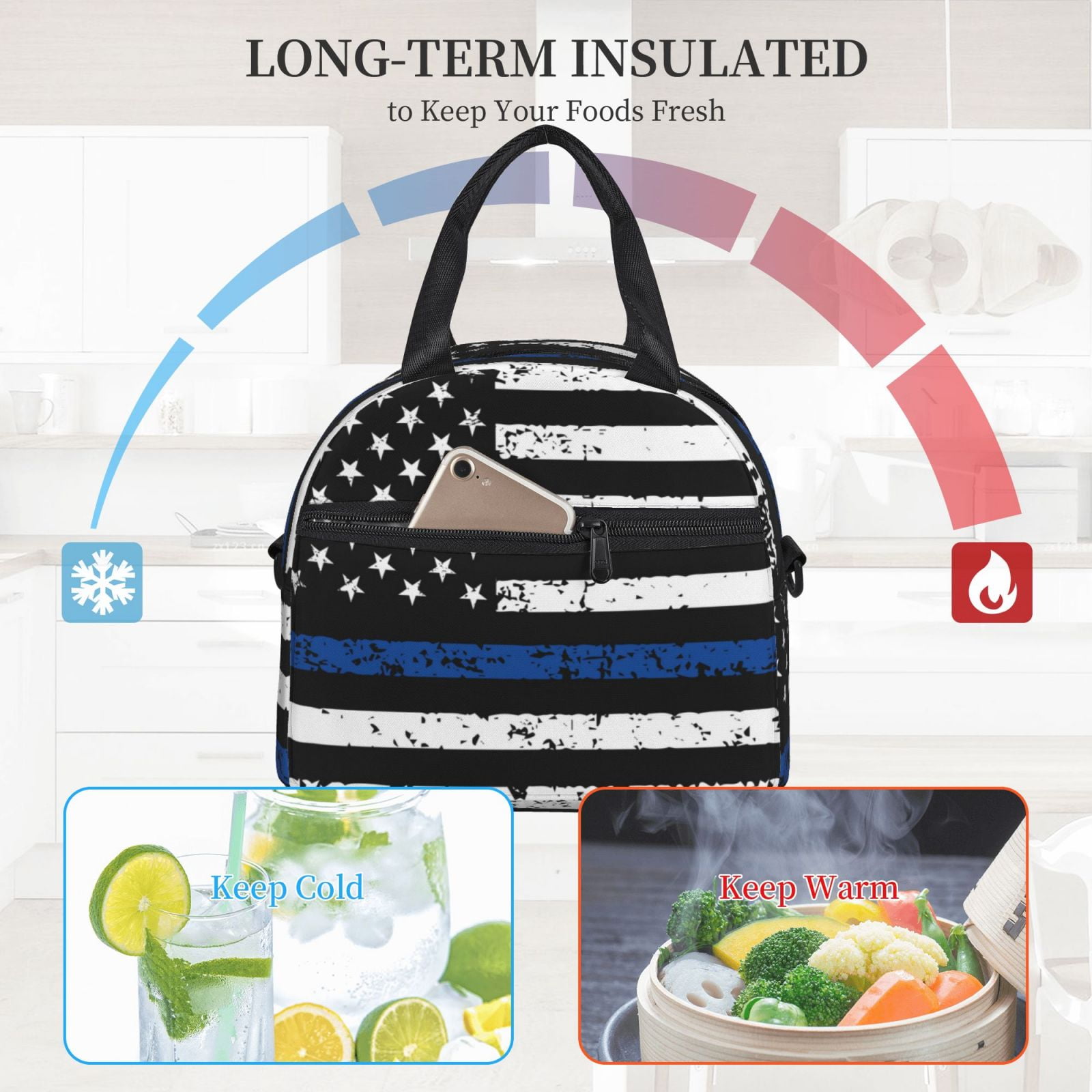 Ratiio Thin Blue Line Flag Pattern Lunch Bag ,Insulated Lunch Box ...