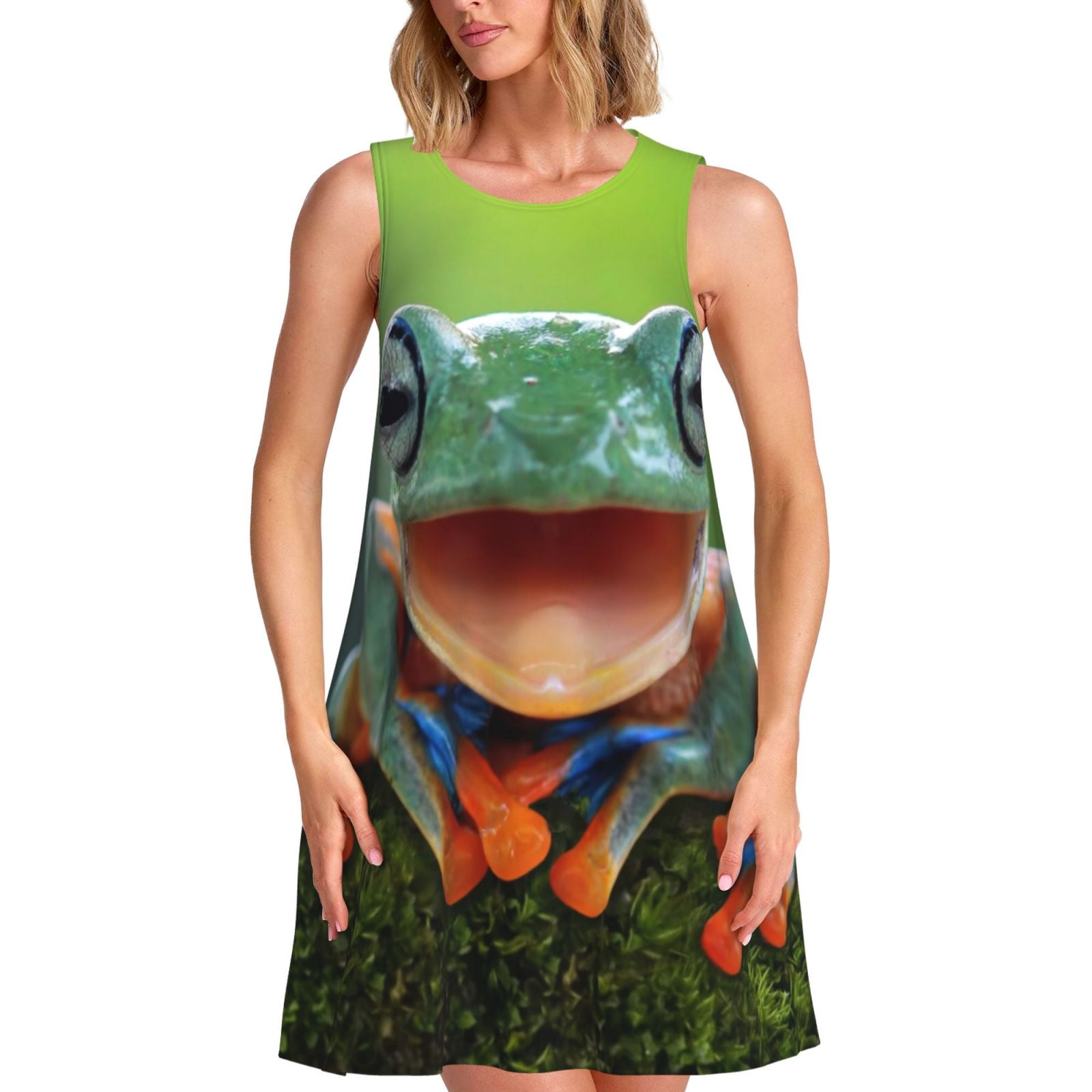 Ratiio Tree Frog Pattern Women's Sleeveless Dress - Casual Summer Dress ...