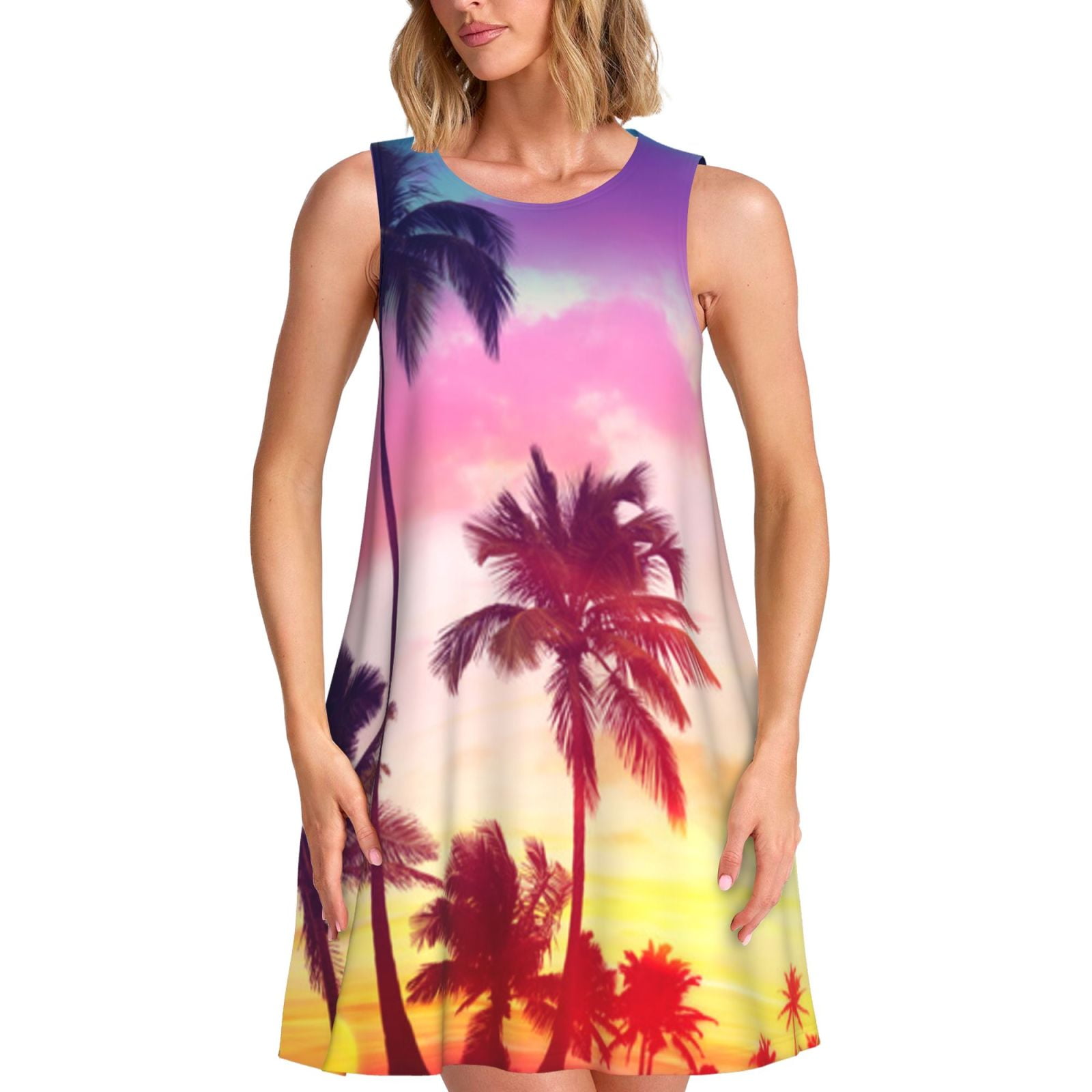 Ratiio Tropical Palm Tree at Sunset Pattern Women's Sleeveless Dress - Casual Summer Dress with ...