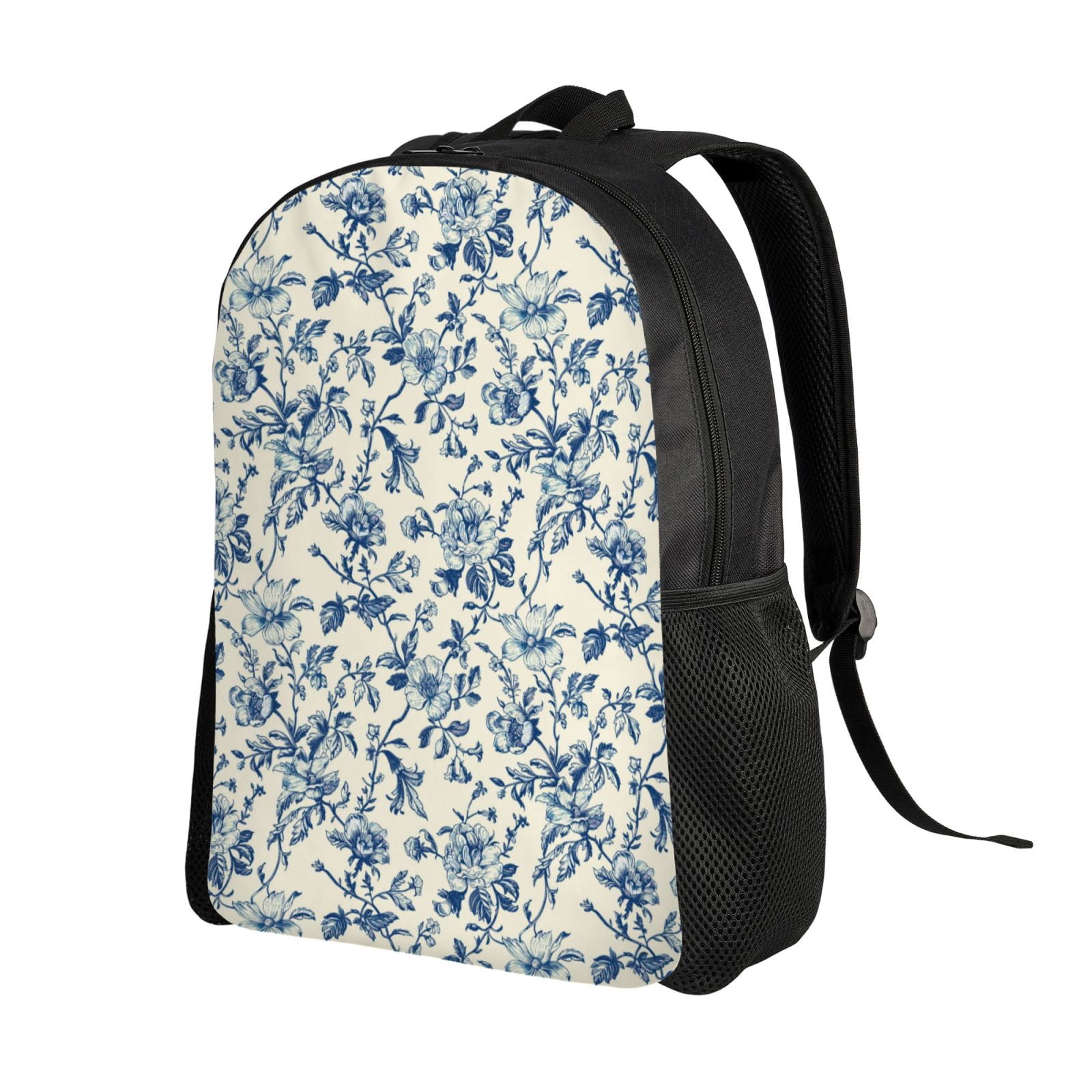 Ratiio Vintage Blue Floral Print Backpack with Padded 15-inch Laptop ...