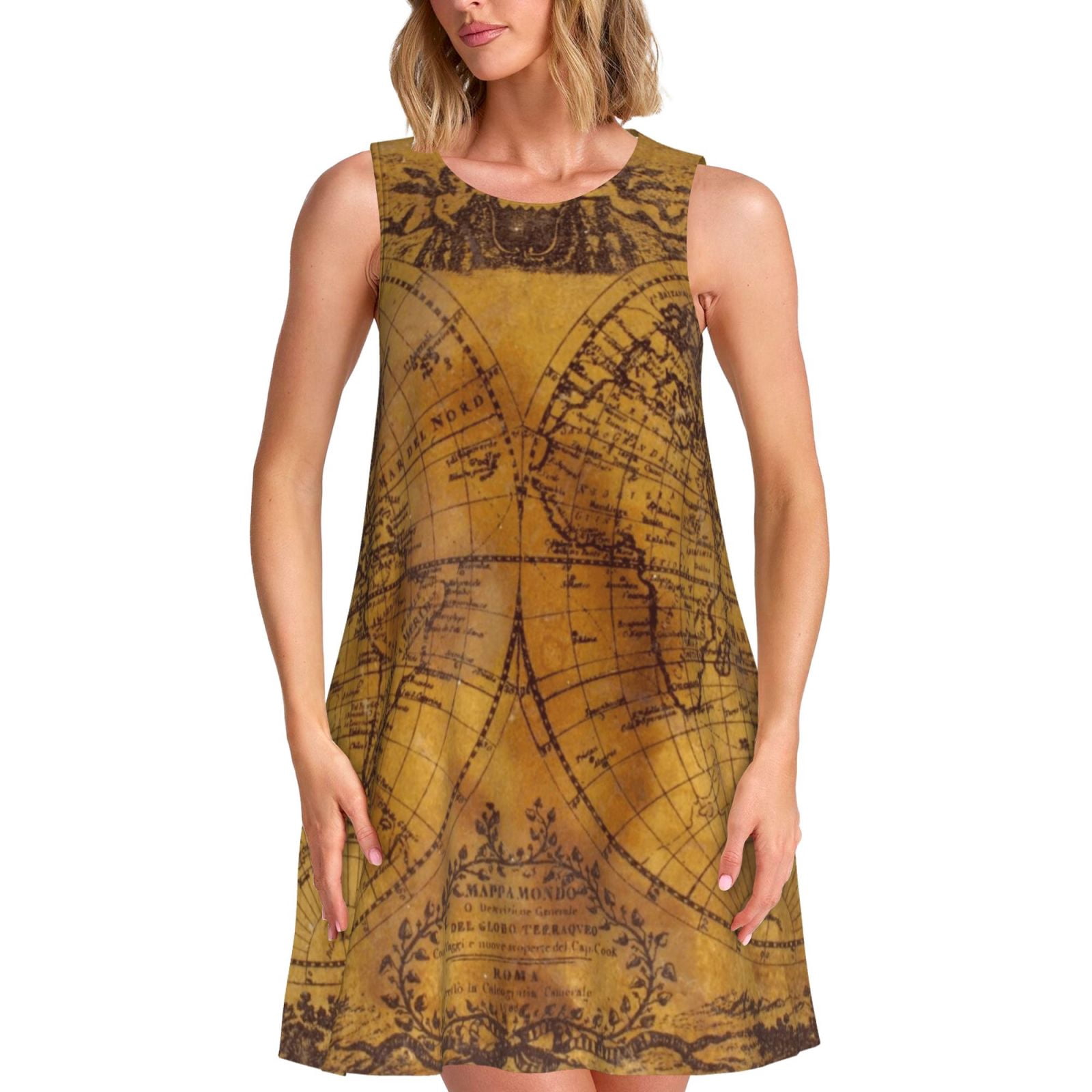Ratiio Vintage Map Pattern Women's Sleeveless Dress - Casual Summer ...
