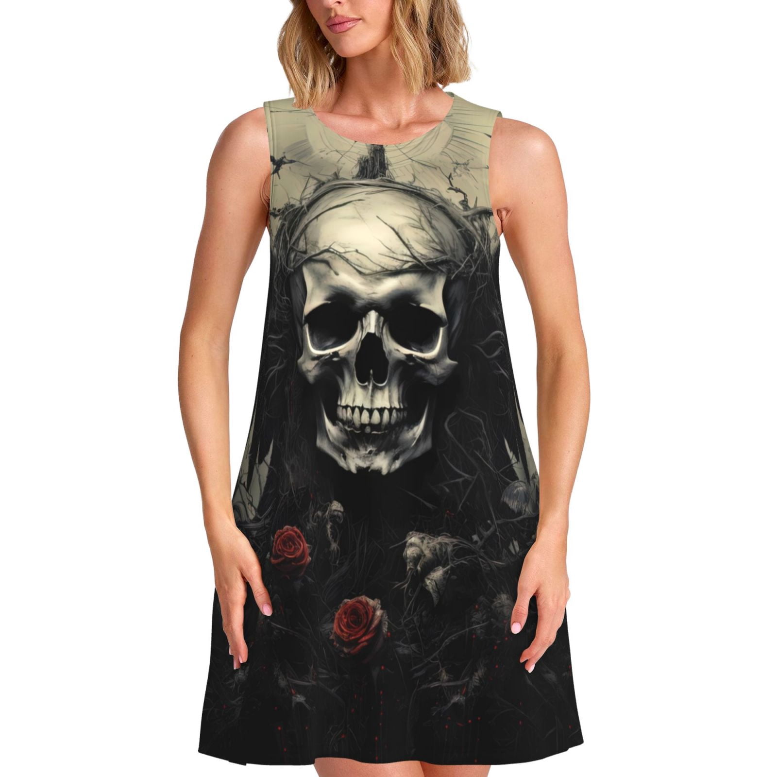 Ratiio Vintage Winged Rose Skull Pattern Women's Sleeveless Dress ...