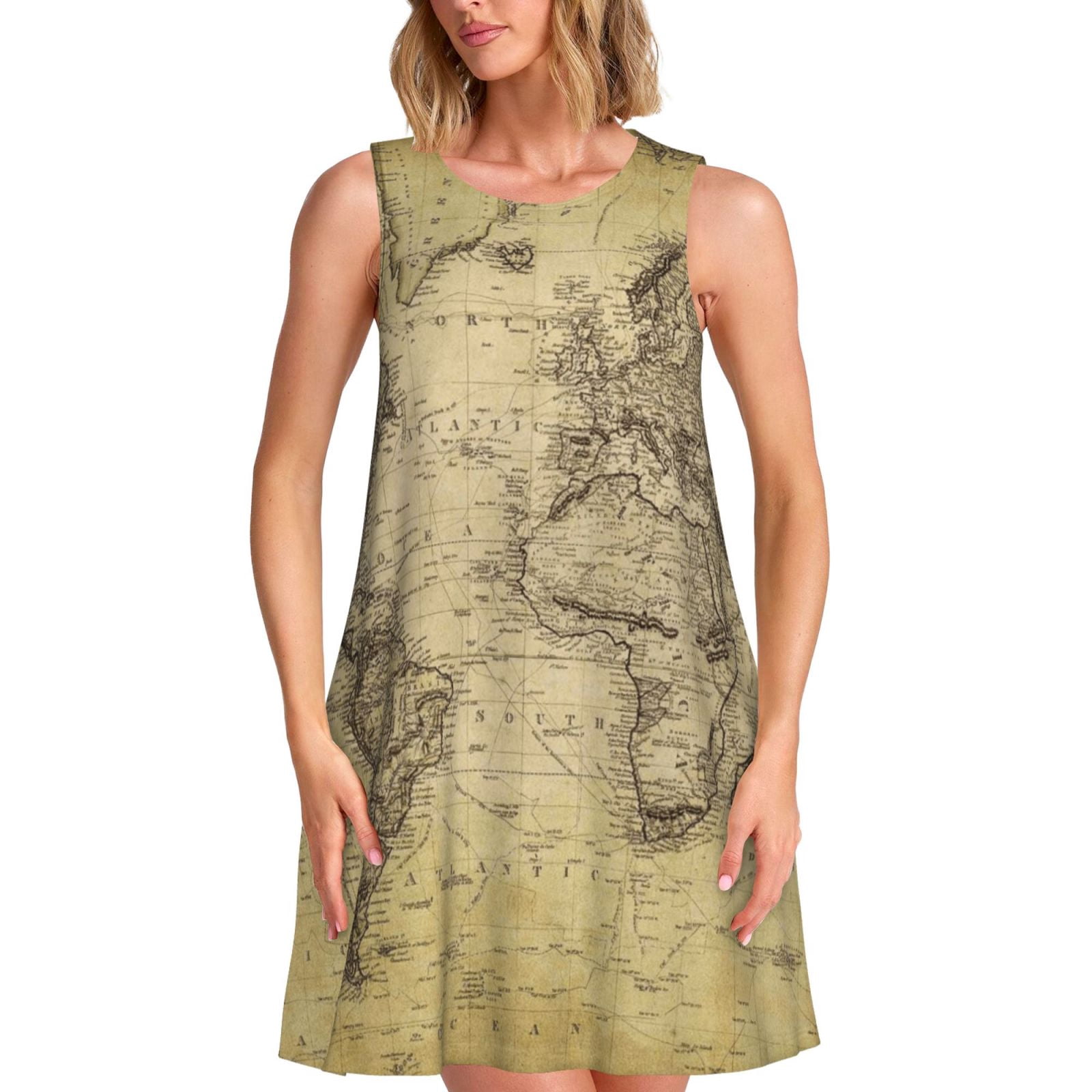 Ratiio Vintage World Map Pattern Women's Sleeveless Dress - Casual ...