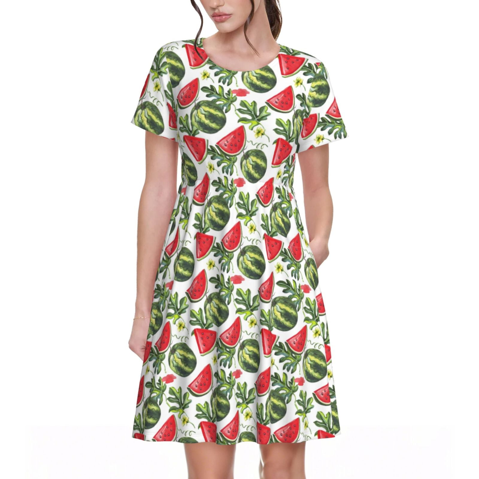 Ratiio Watermelons Print Women's Short Sleeve Dress - Casual A-Line ...