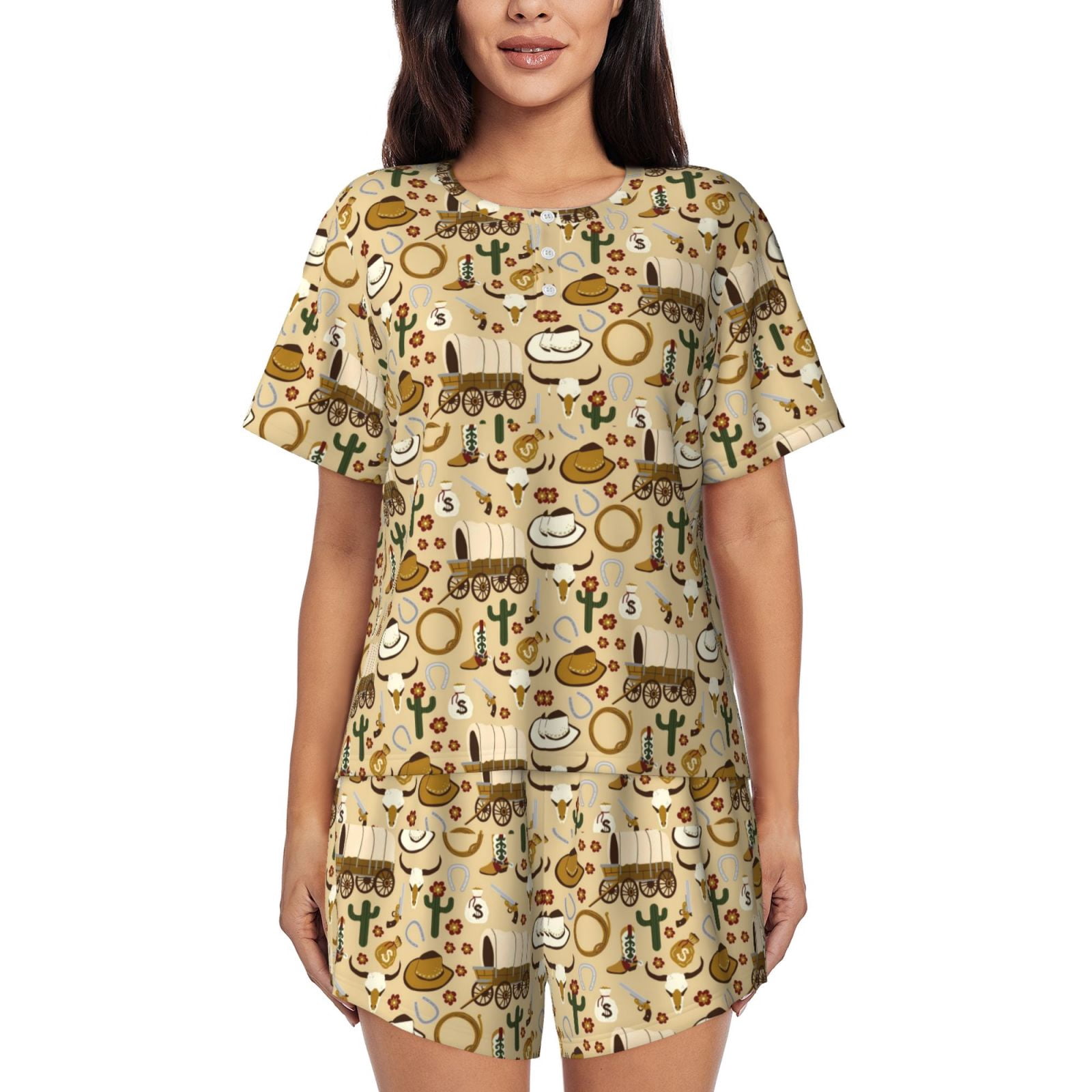 Ratiio Wild West Cowboy Print Womens Pajama Sets 2 Piece Soft Short ...
