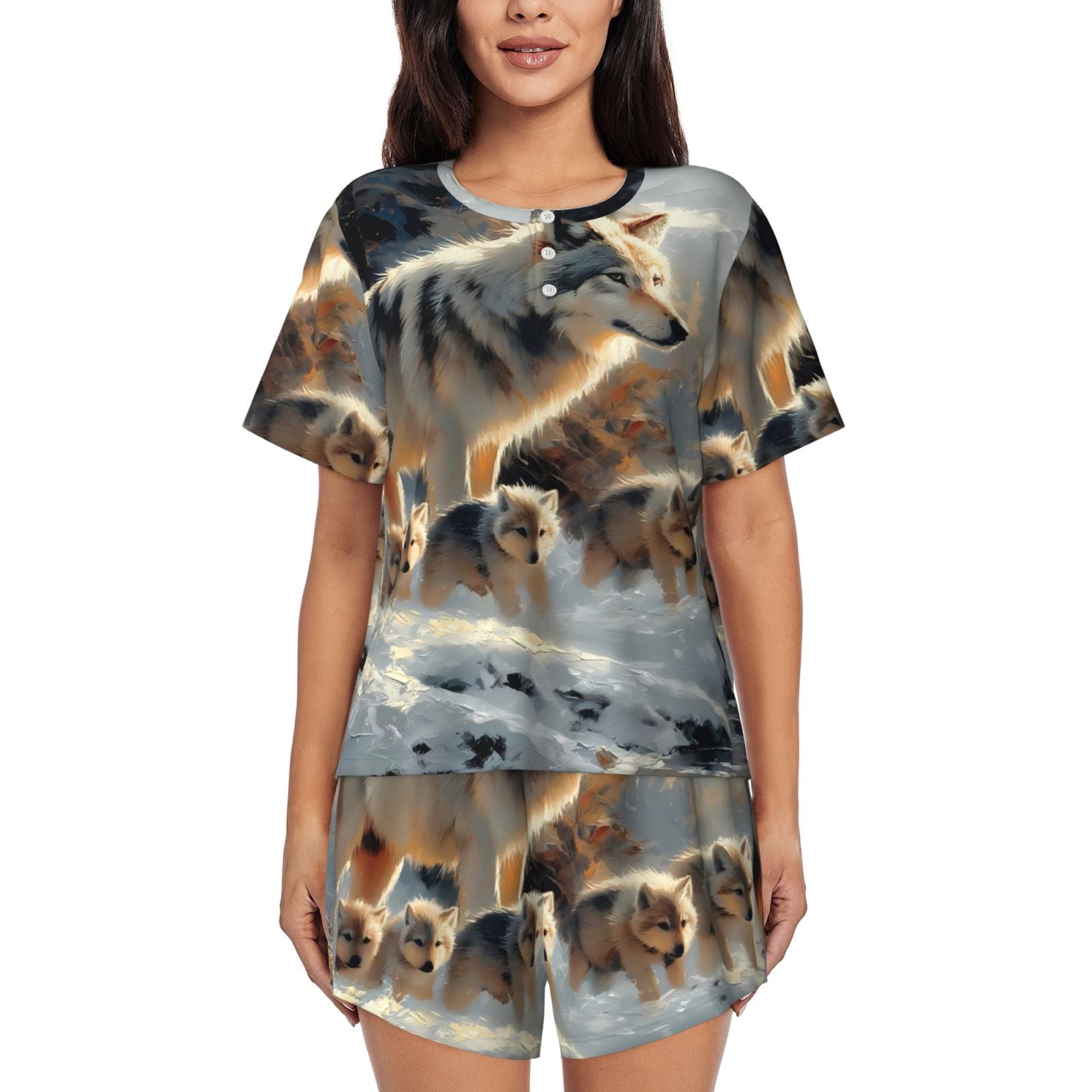 Ratiio Wolf Family Winter Wonderland Print Womens Pajama Sets 2 Piece ...