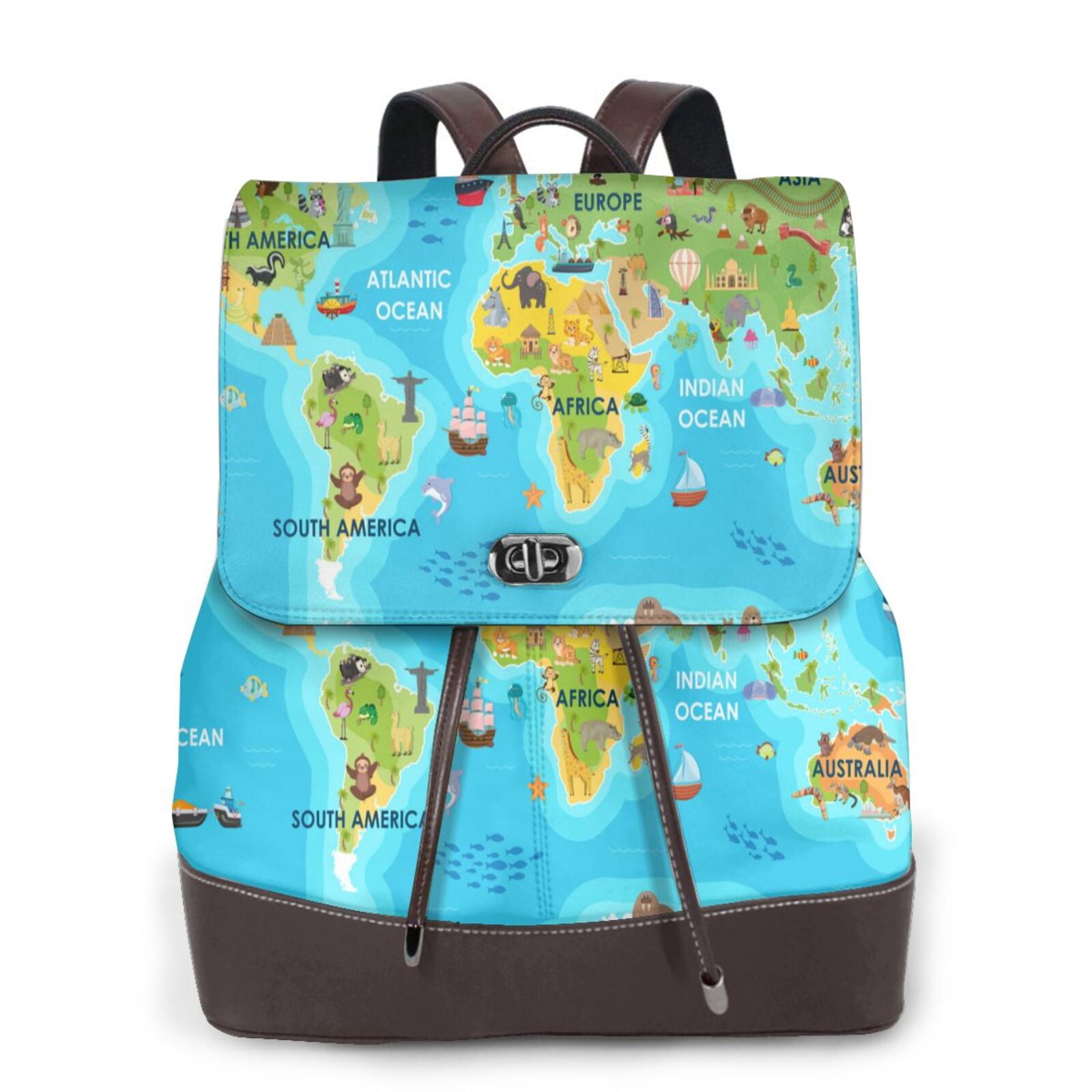 Ratiio World Map With Animals Landmarks Pattern Womens Backpack Purse ...