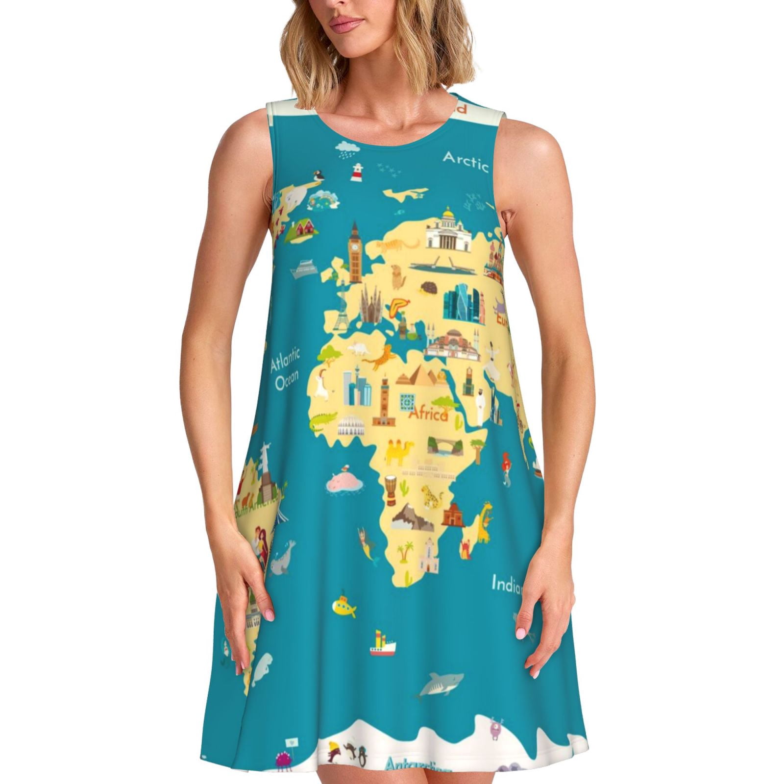 Ratiio World Map With Landmarks Pattern Women's Sleeveless Dress ...