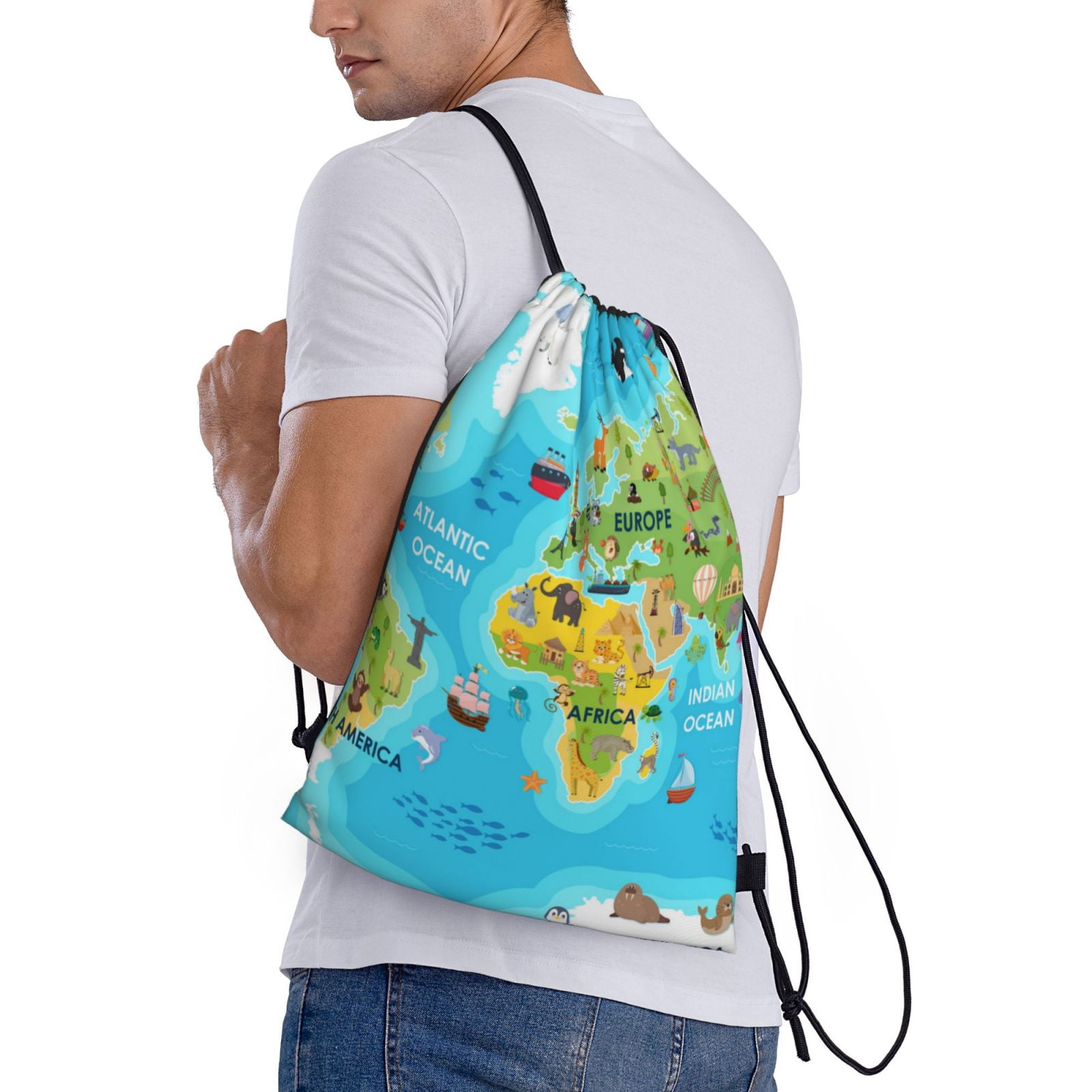 Ratiio World Map With Animals Landmarks Print Drawstring Backpack Bag ...