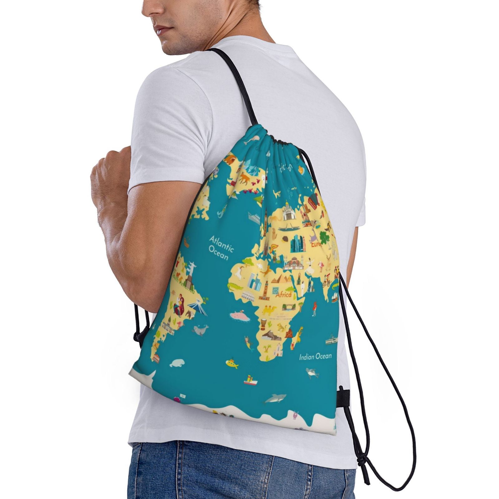 Ratiio World Map With Landmarks Print Drawstring Backpack Bag Sport Gym ...