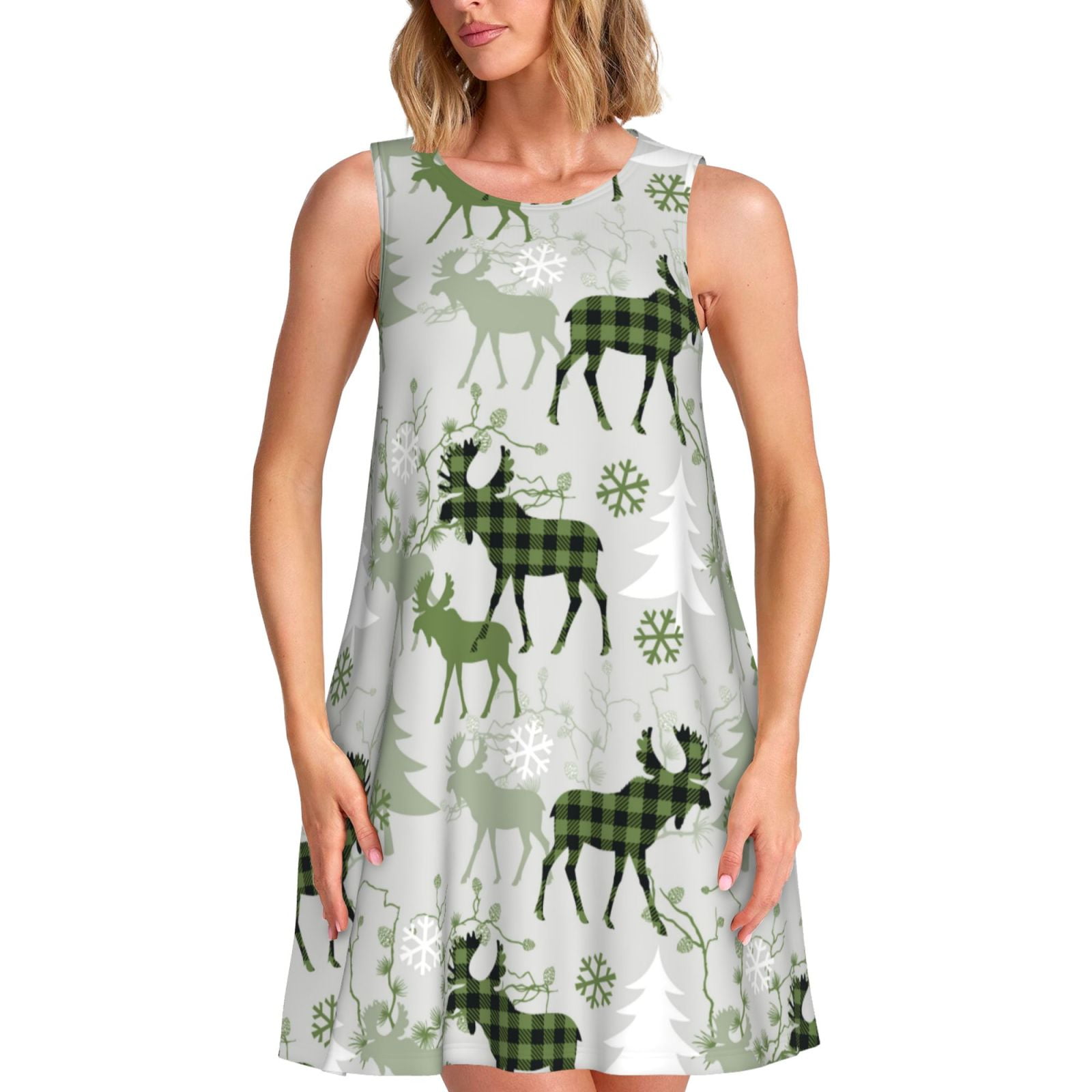 Ratiio green plaid Moose tree Pattern Women's Sleeveless Dress - Casual ...