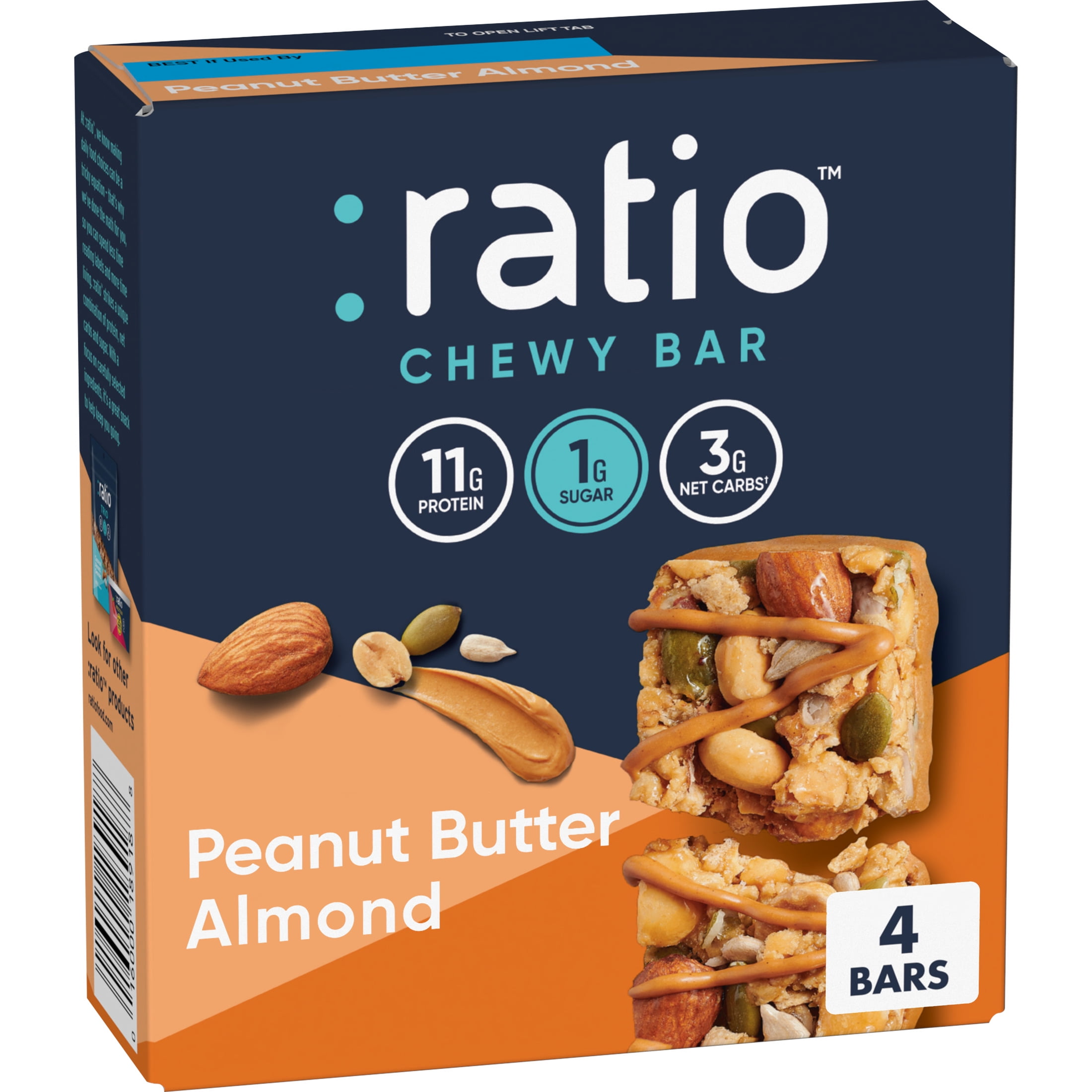 Ratio Chewy Protein Bar, Peanut Butter Almond, Keto Friendly, 5.6 oz (4 ...