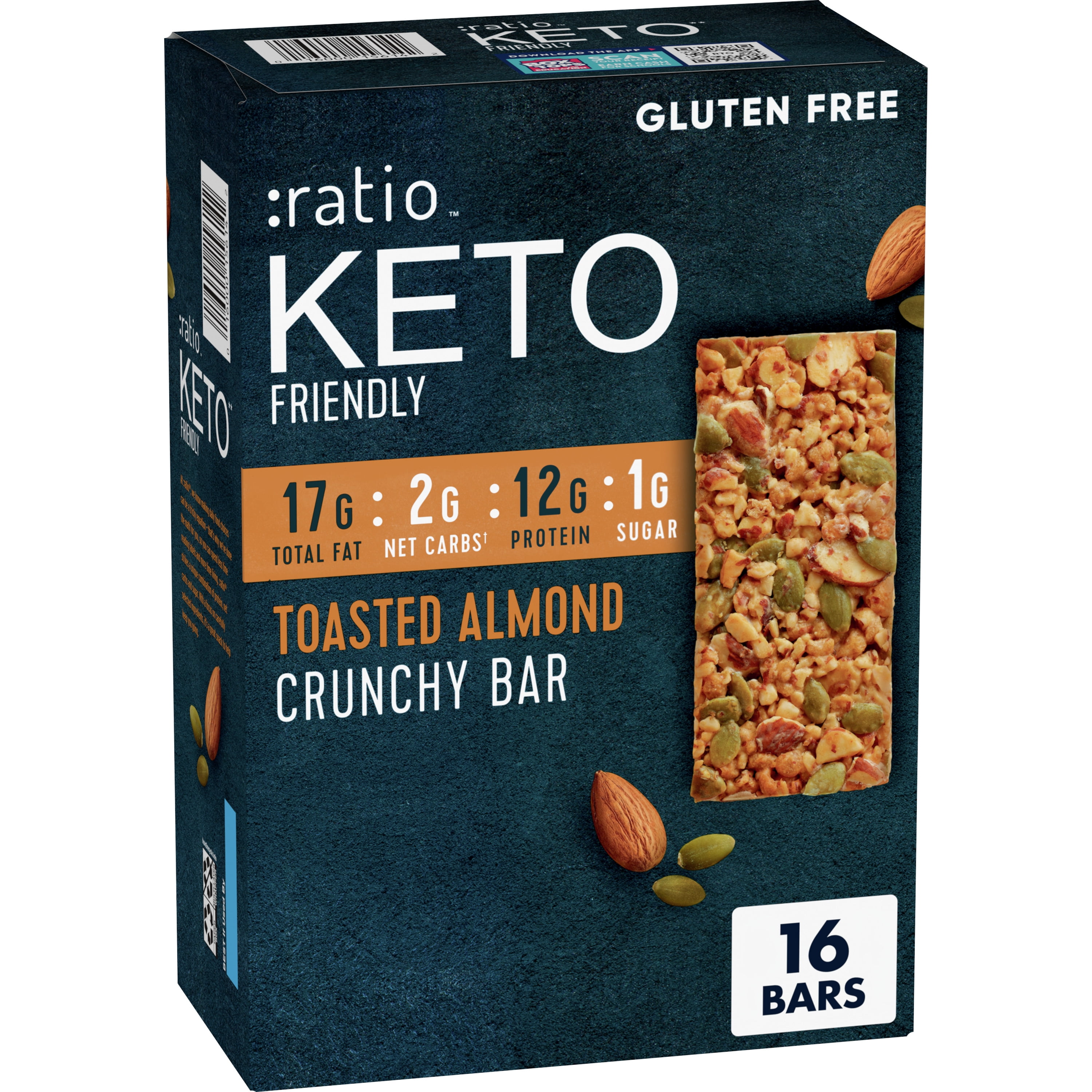 Ratio Crunchy Bar, Toasted Almond, 1g Sugar, 23.2 OZ (16 Bars ...