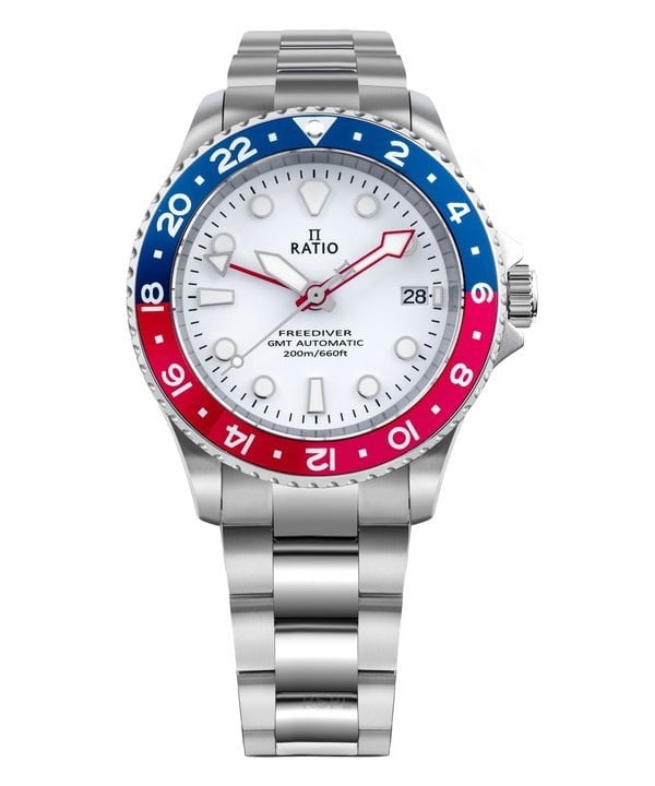 Ratio FreeDiver GMT Series Sapphire Stainless Steel White Dial Blue Red ...
