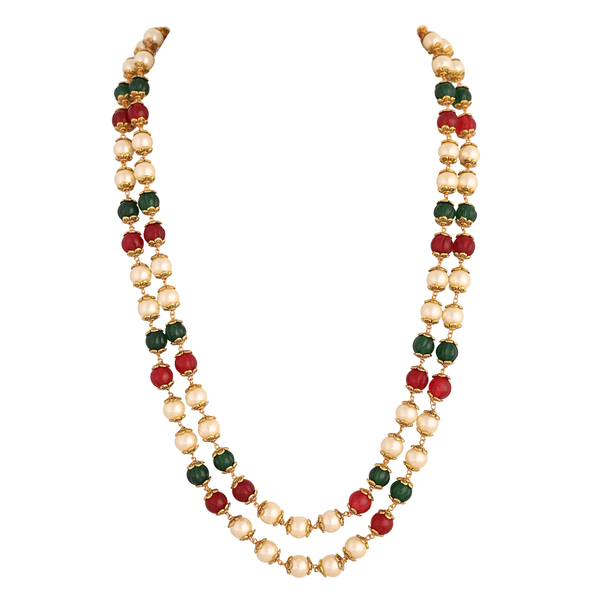 Ratnavali Jewels Red Green White color Pearl Beads Stone Dual Strand ...