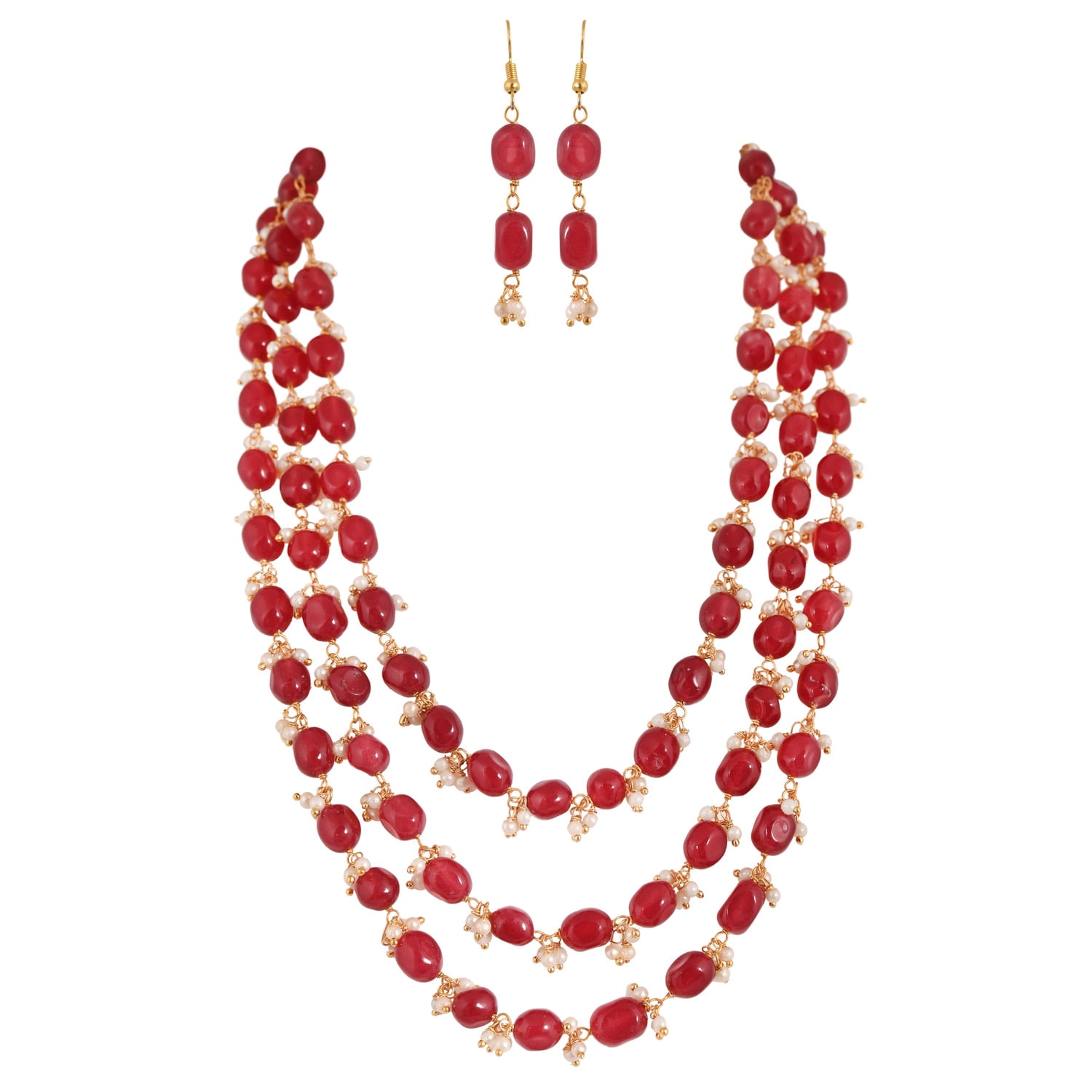 Ratnavali Jewels Red Quartz Golden Pearl Triple Layer Multi Strand ...