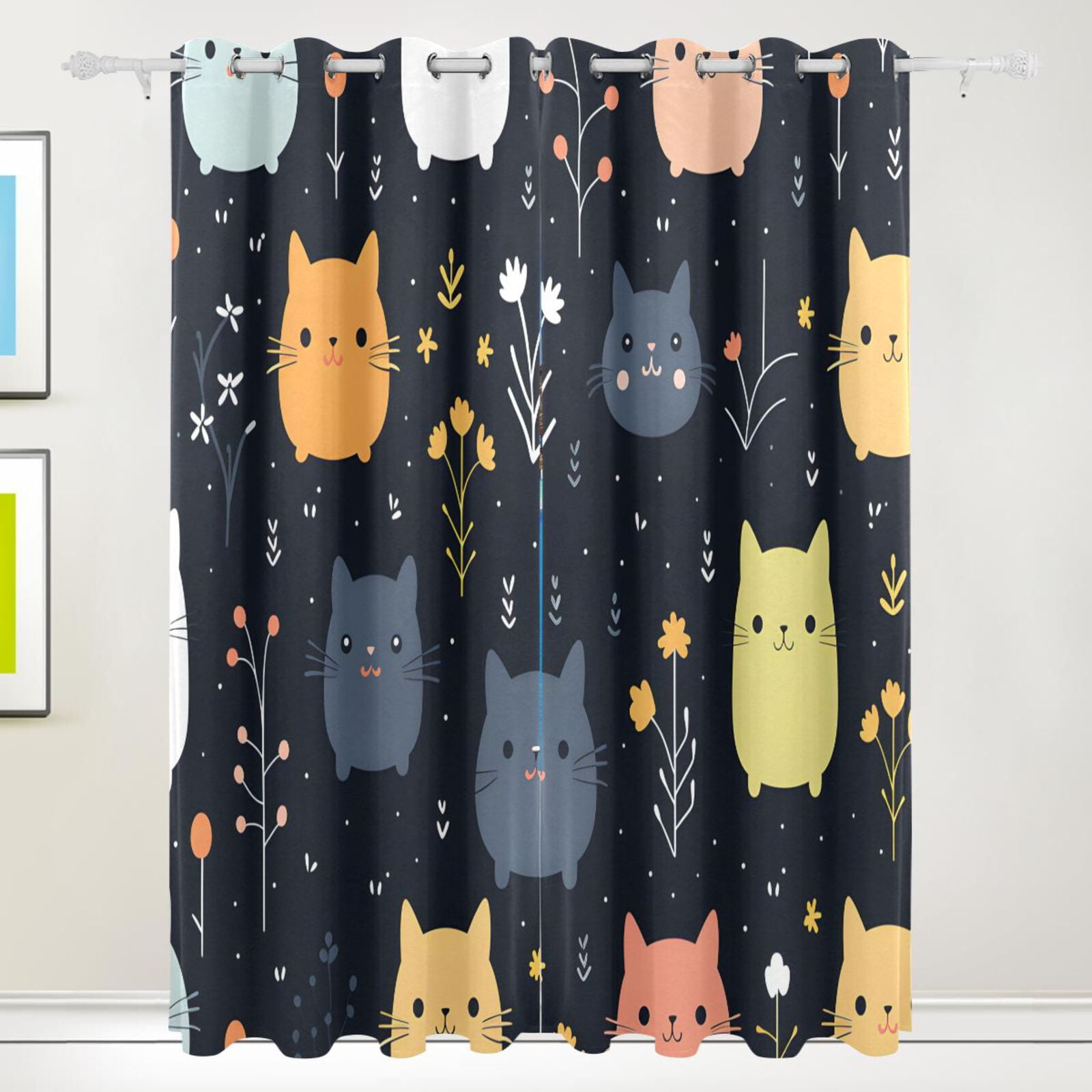 Rats Mouse Flowers Leaves Black Black Out Curtains 72 Inch Length ...