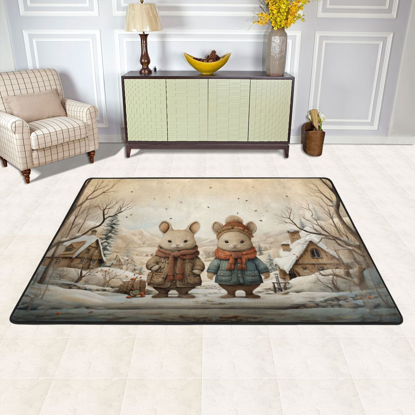 Rats Mouses Snow Houses Trees Area Rug Washable 72 x 48 Floor Carpet ...