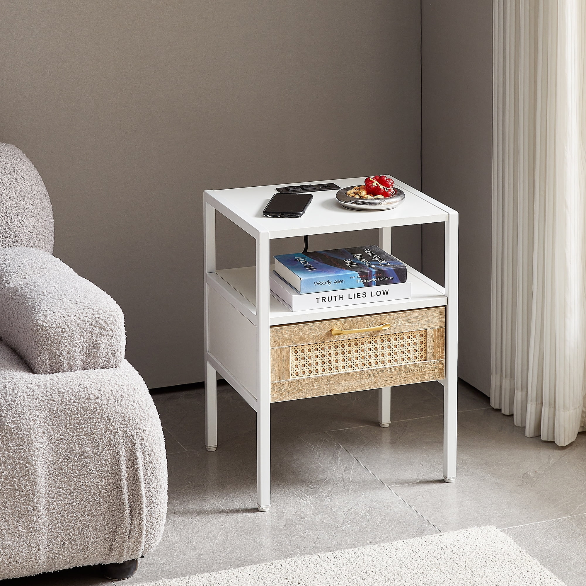 Rattan 1 drawer Nightstand with Power Outlet and USB Ports White-Set of ...