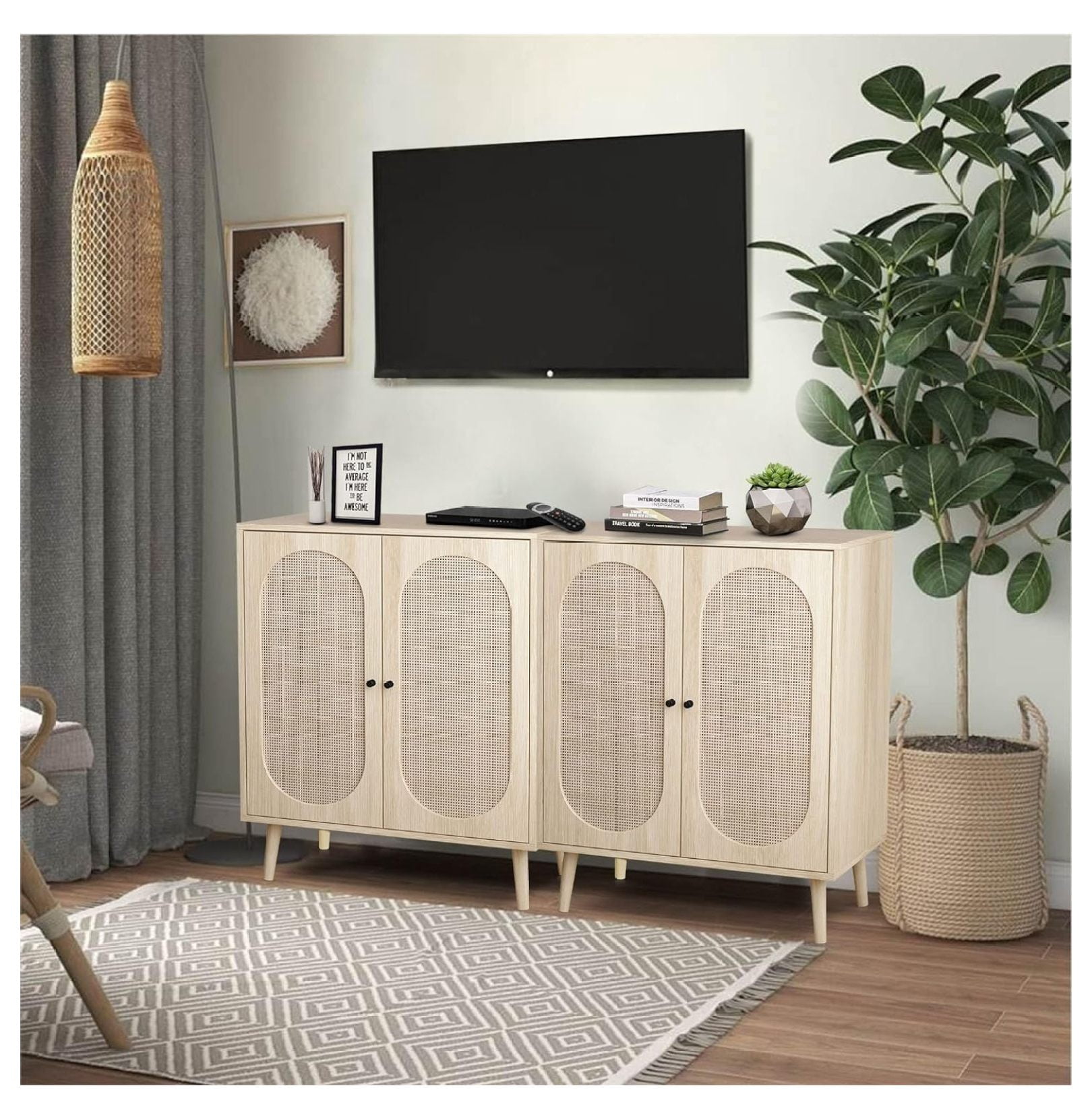 Rattan 2 Doors Buffet Sideboard Cabinet, 2 Tier Adjustable Shelves ...