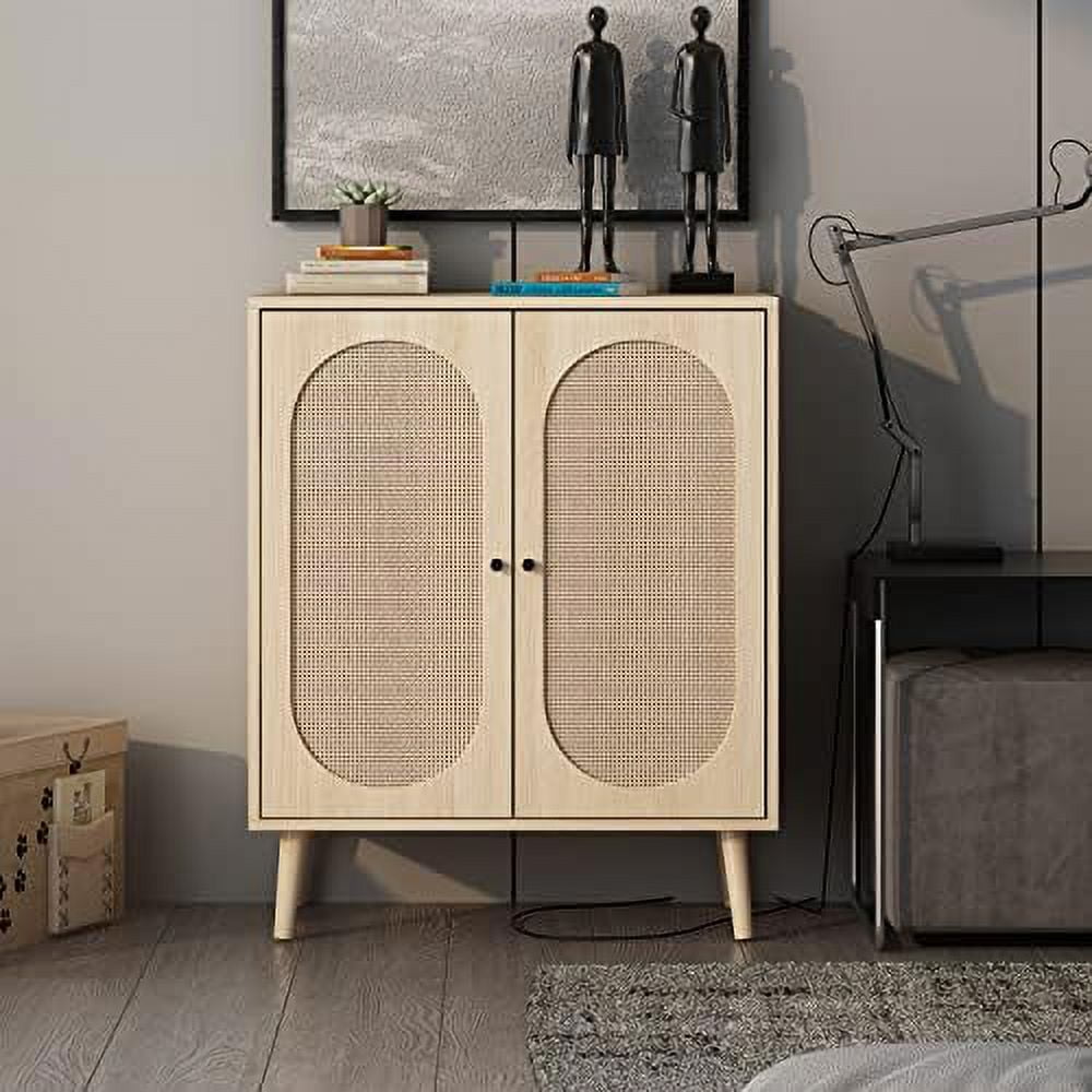 Rattan 2 Doors Buffet Sideboard Cabinet, 2 Tier Adjustable Shelves ...