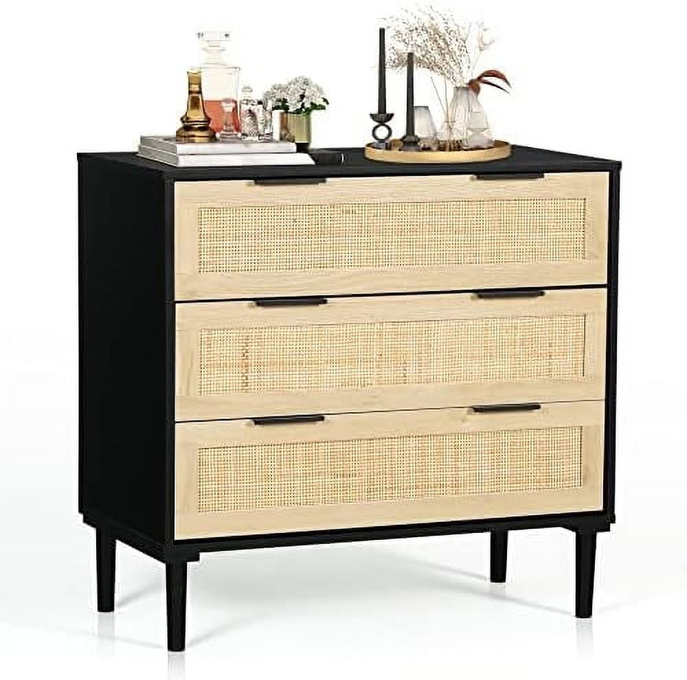 Rattan 3 Drawer Wood Dresser Boho Large Storage Cabinet Nightstand ...