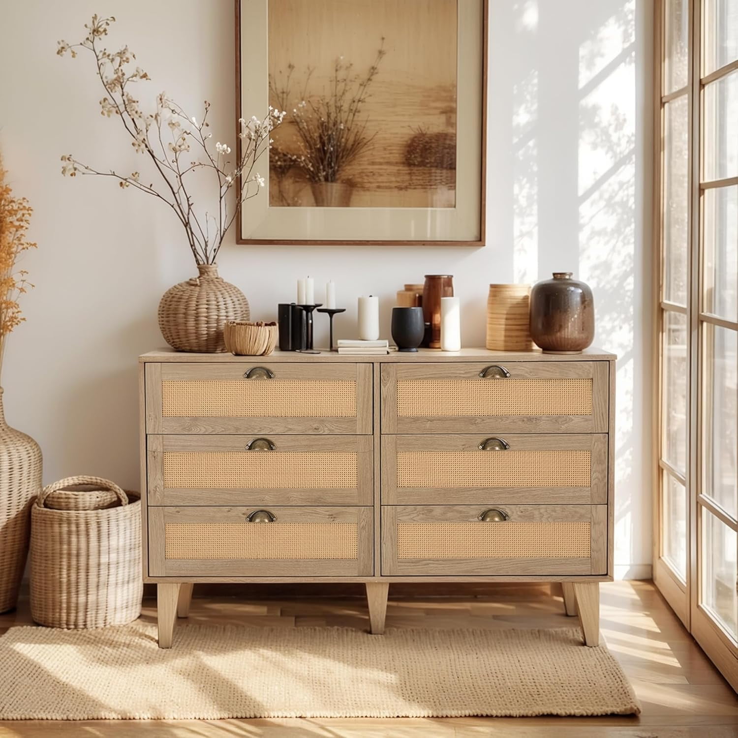 Rattan 6 Drawer Dresser for Bedroom, 47.2" Wide Modern Double Chest of ...