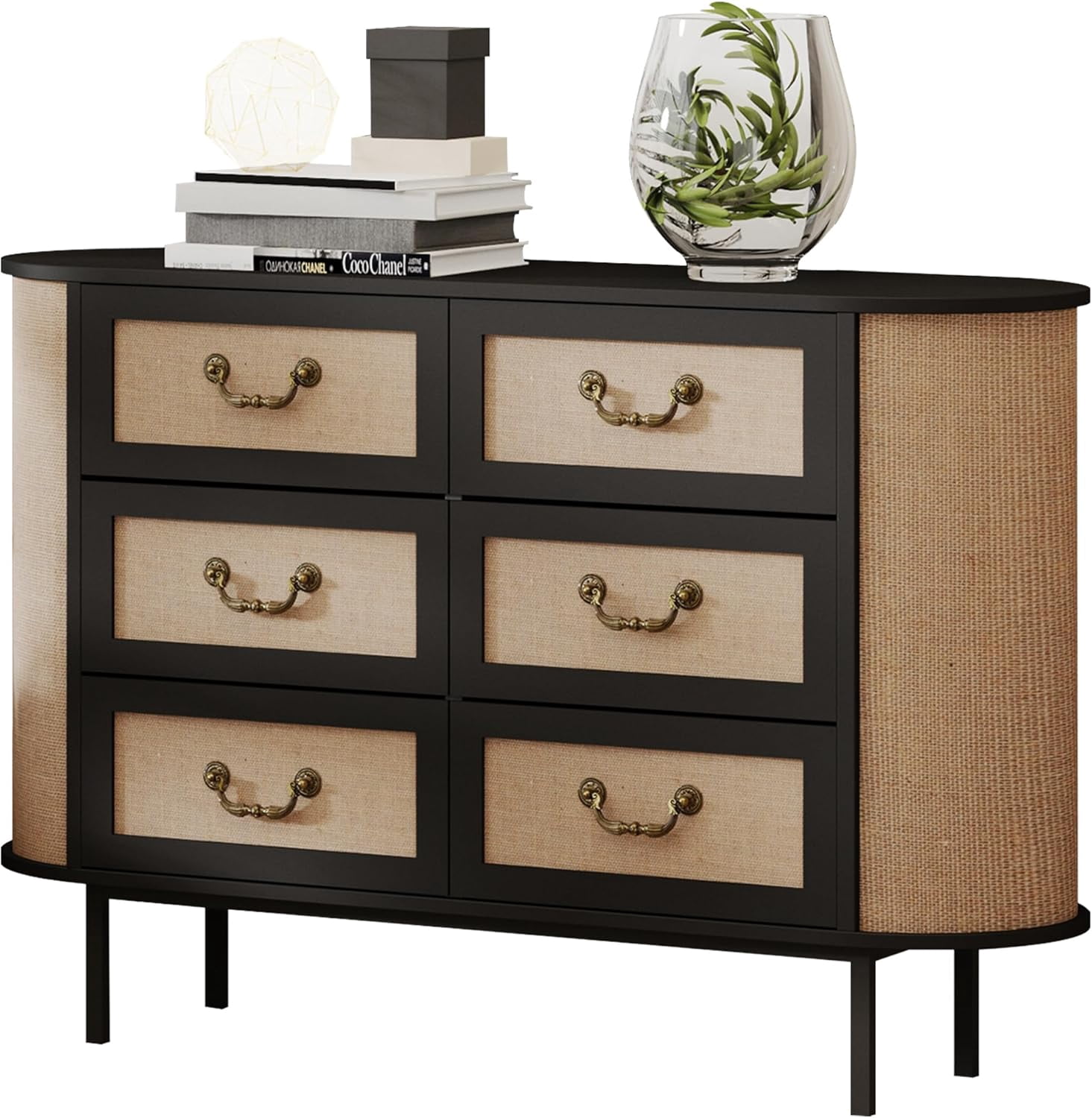Rattan 6 Drawer Dresser for Bedroom,47.2" Curved Wooden Chest of ...