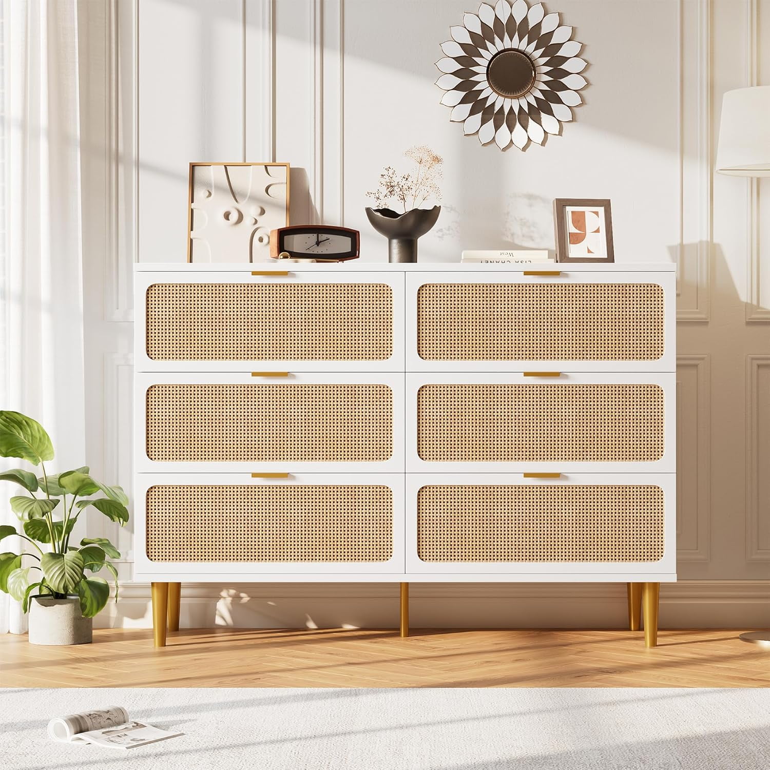 Rattan 6 Drawer Dressers for Bedroom,Farmhouse Large Double Dresser ...