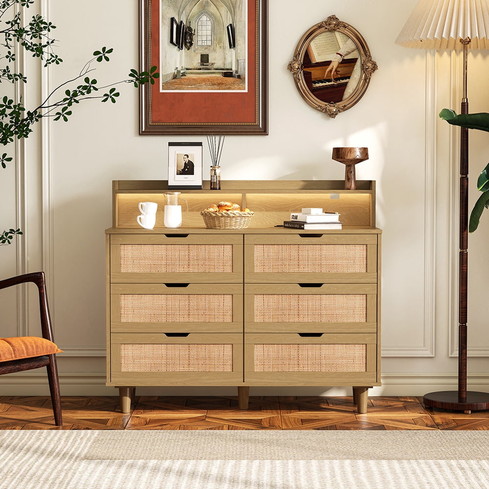 Rattan 6-Drawers Storage Cabinet, 43.31" Dresser with LED Lights and ...