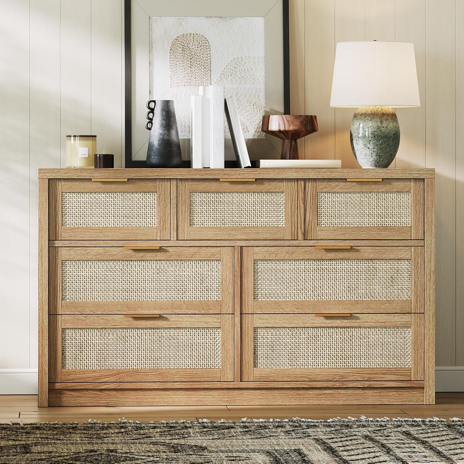 Rattan 7 Drawers Dresser for Bedroom, Wide Chests of Drawers with ...