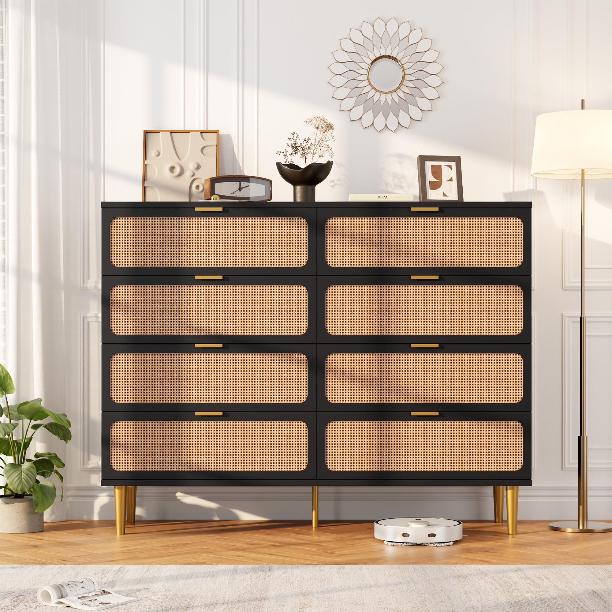 Rattan 8-Drawer Dresser, Modern Tall Chest of Drawers with Deep Storage ...