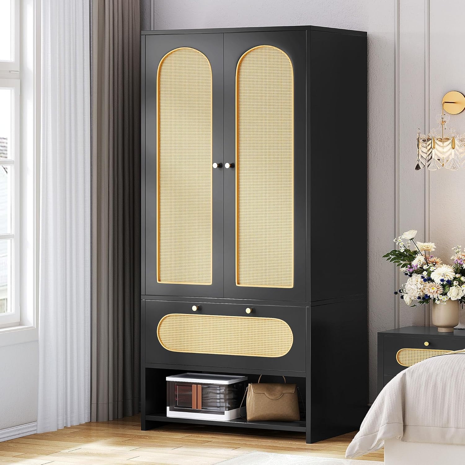 Rattan Armoire Wardrobe Closet - 70" Tall Rattan Closet with Doors ...