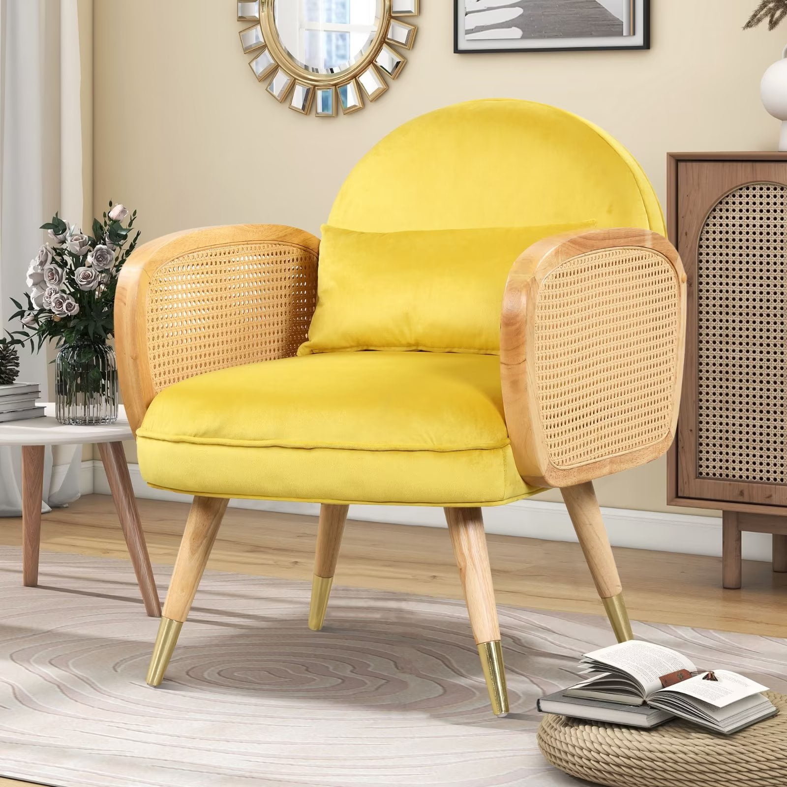 Rattan Armrest Accent Chair with Lumbar Pillow, Velvet Upholstered ...
