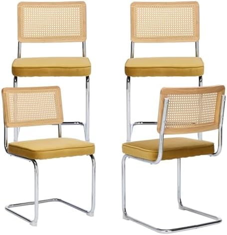 Rattan Back Velvet Dining Chair Set of 4 Modern Breuer Designed ...