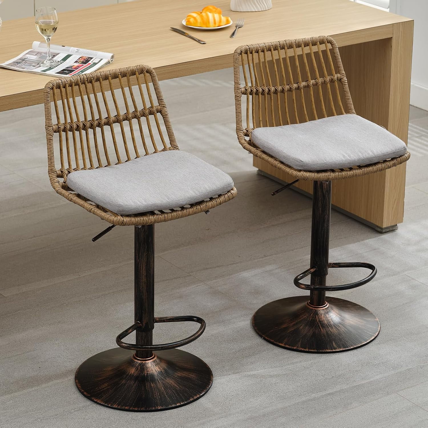Rattan Bar Stool Set of 2, Linen Upholstered Barstool with Backrest ...